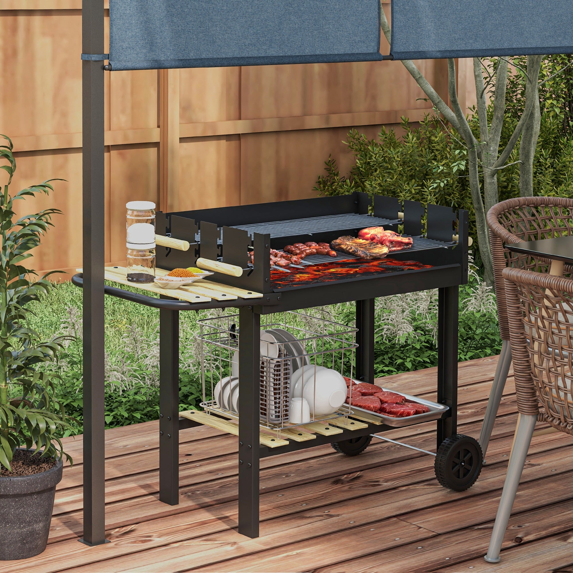 Outsunny Charcoal BBQ Grill, Barbecue Trolley with Double Adjustable G ...