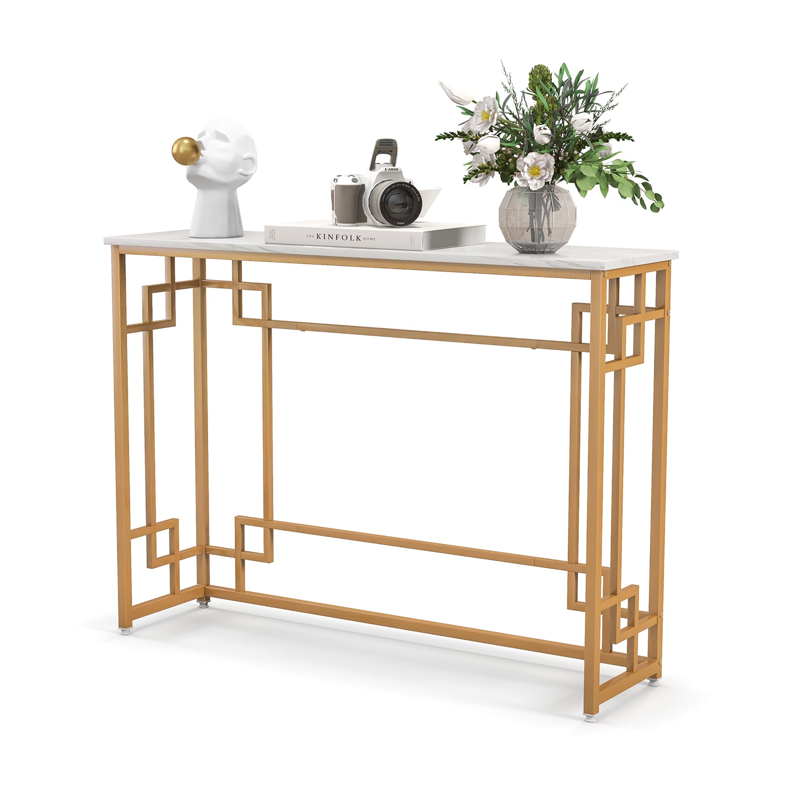 110 cm Console Table Narrow Entryway Table with Geometric Golden Frame ...