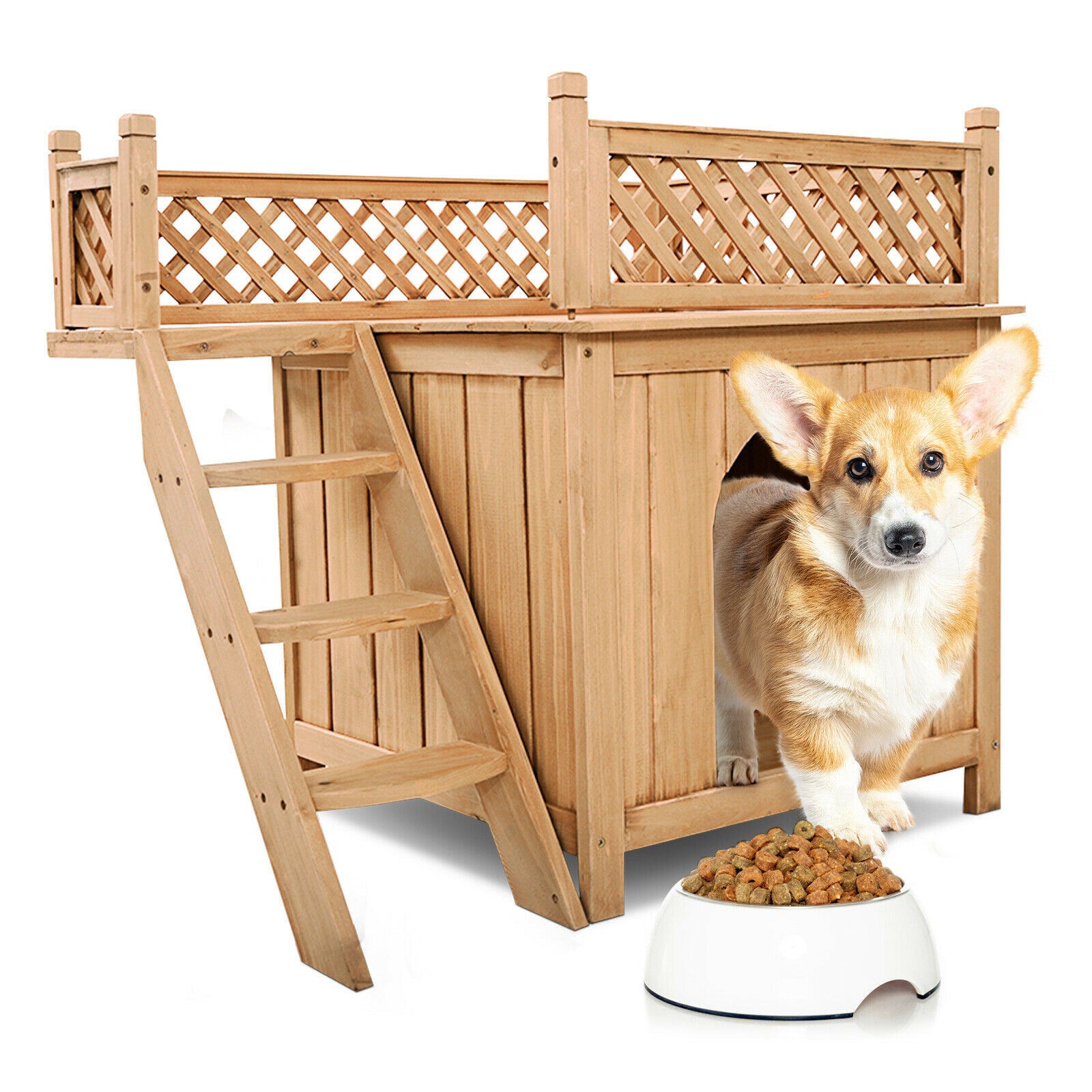 Wooden Dog / Cat House with Raised Roof Balcony & Ladder – GardenArch