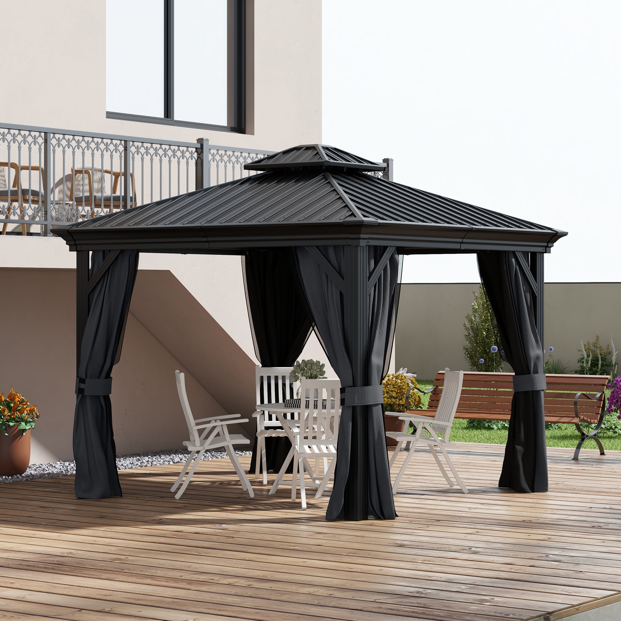 Outsunny 3.65 x 3m Aluminium Hardtop Gazebo, with Accessories - Dark G ...