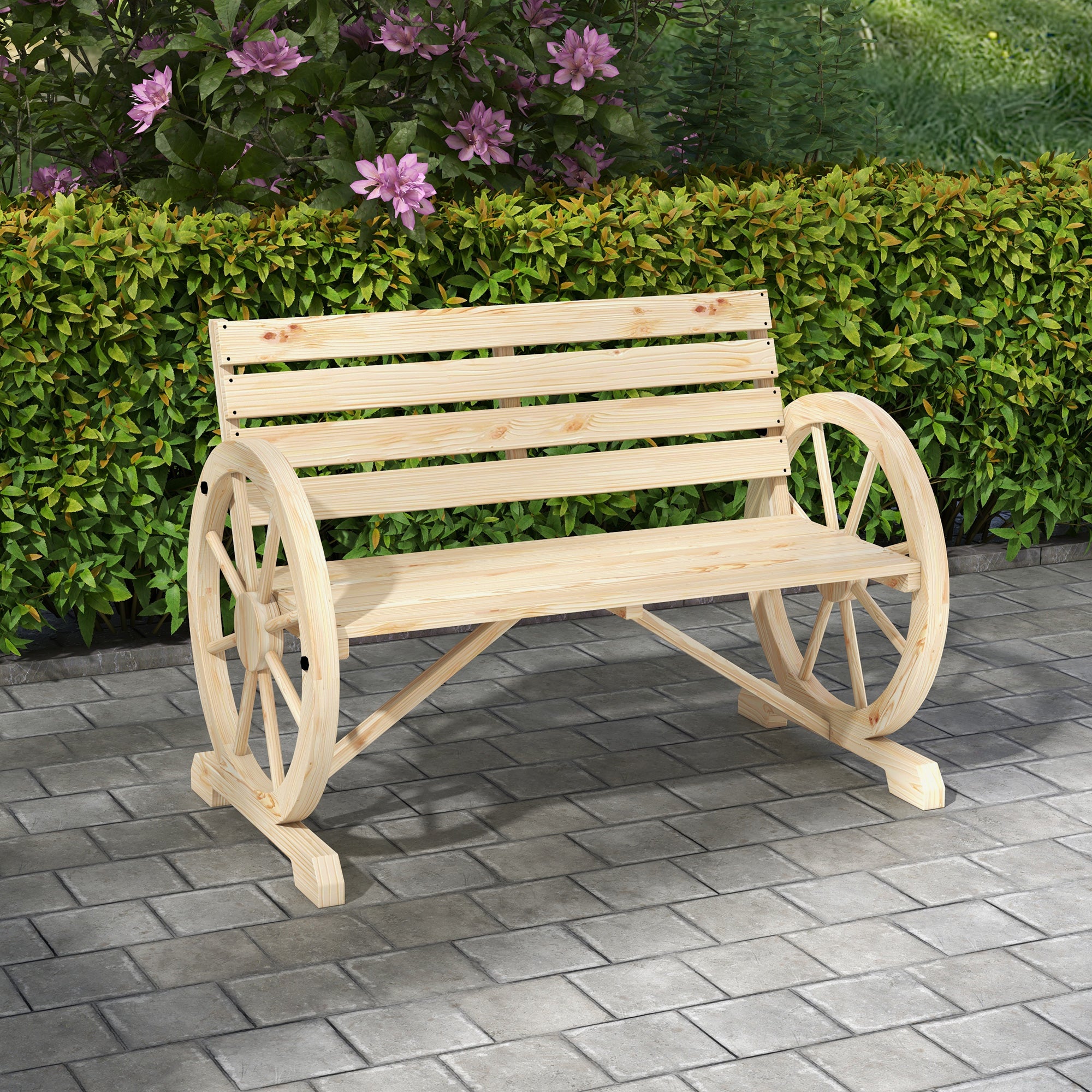 Outsunny Wagon Wheel Chair Bench Armrest Rustic Loveseat Wood Outdoor ...