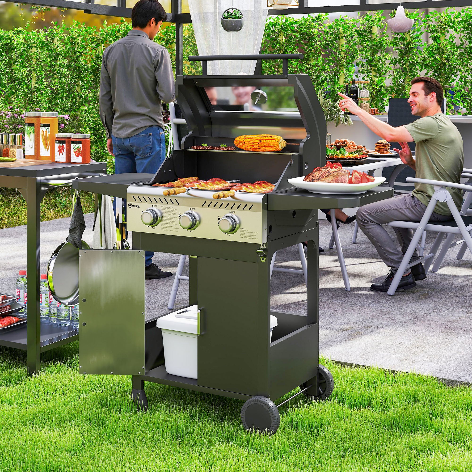 Outsunny 7.5kW Three-Burner Gas BBQ Grill, with See-Through Lid - Blac ...