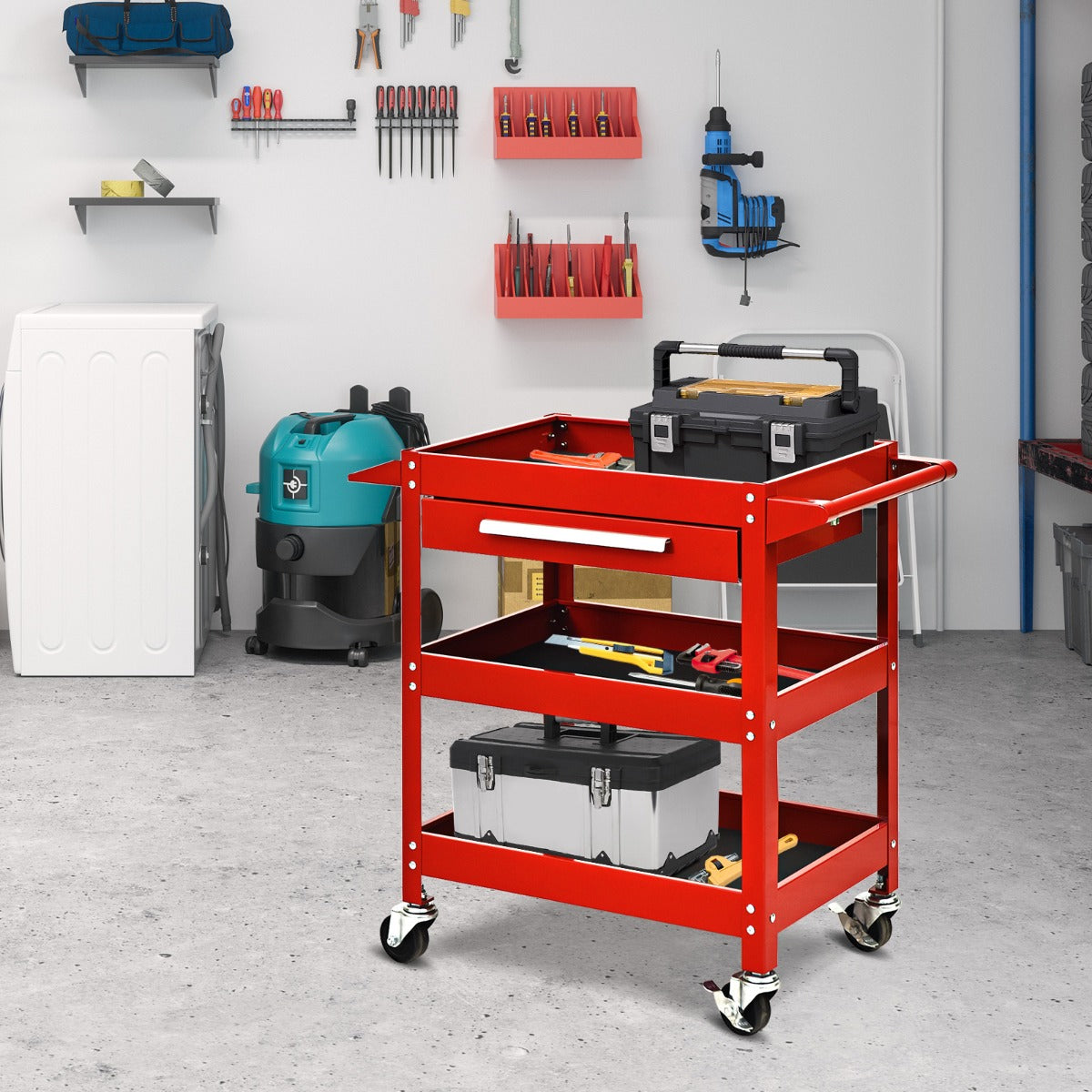 3 Tier Tool Trolley with Drawer and 4 Wheels-Red – GardenArch