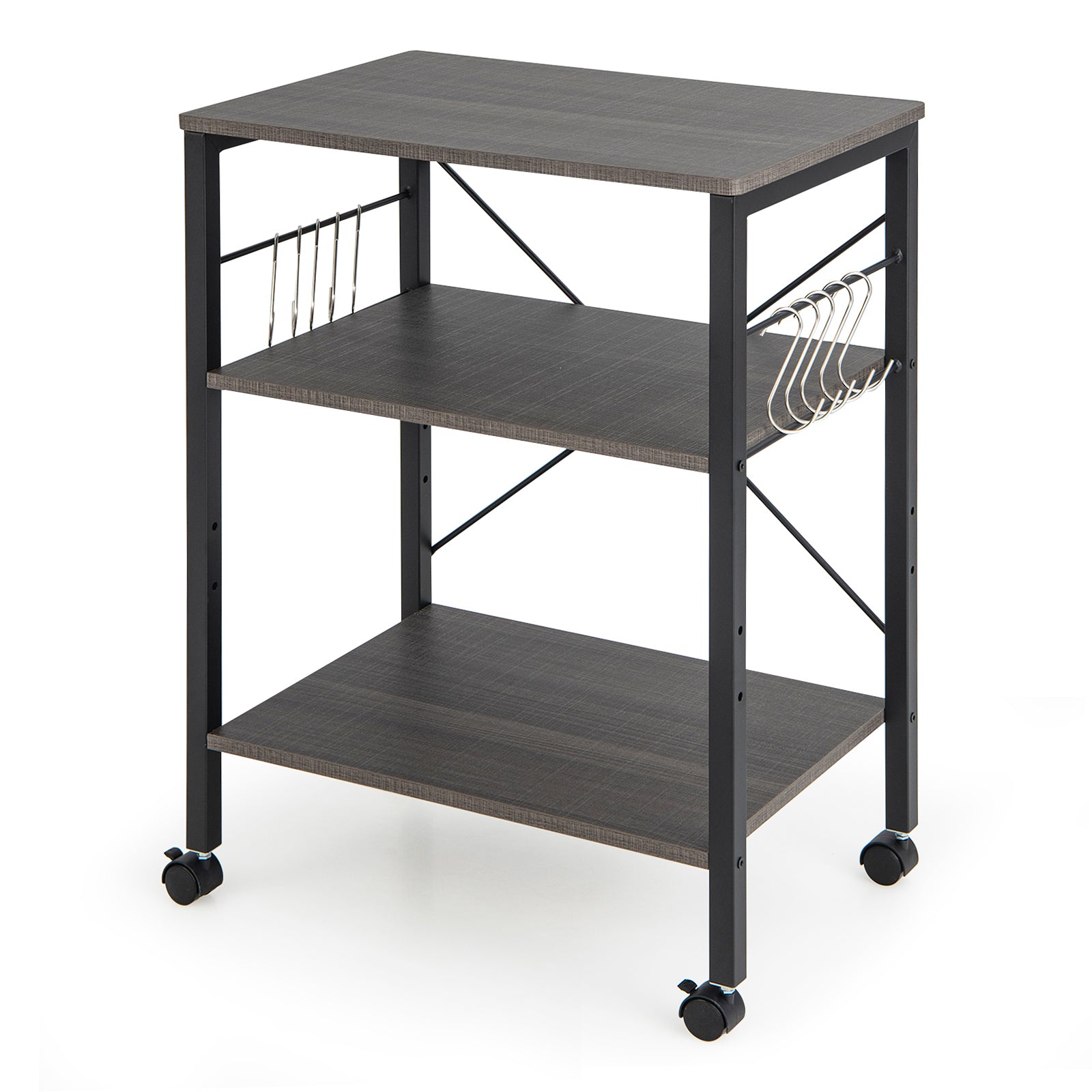 3-Tier Utility Cart Storage Trolley with 10 Removable Hooks-Black ...
