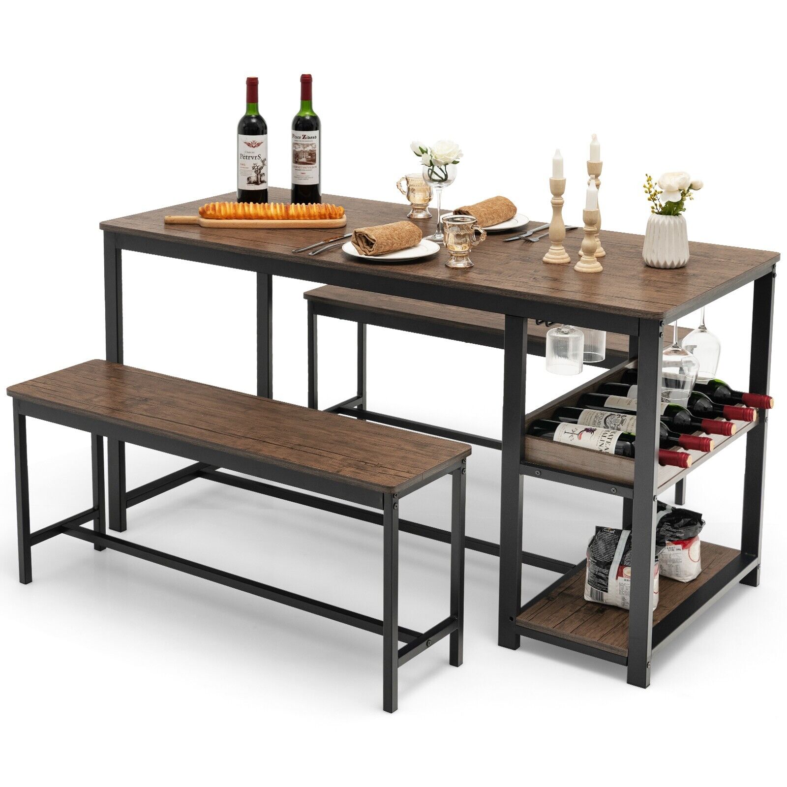3 Pieces Kitchen Dining Set with Storage Rack-Brown – GardenArch