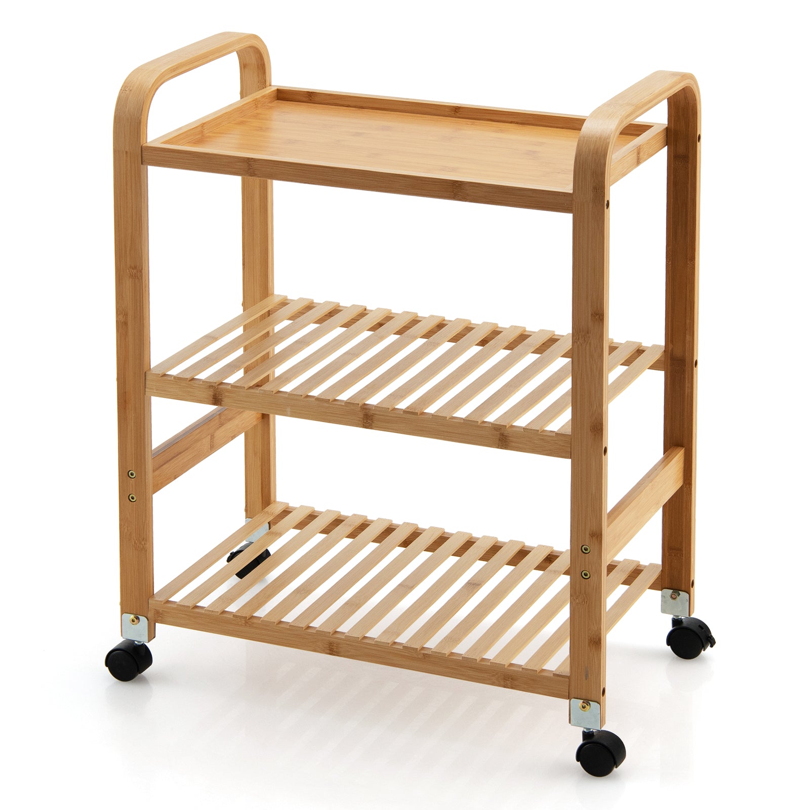 3-Tier Bamboo Rolling Storage Cart with Locking Casters-Natural ...