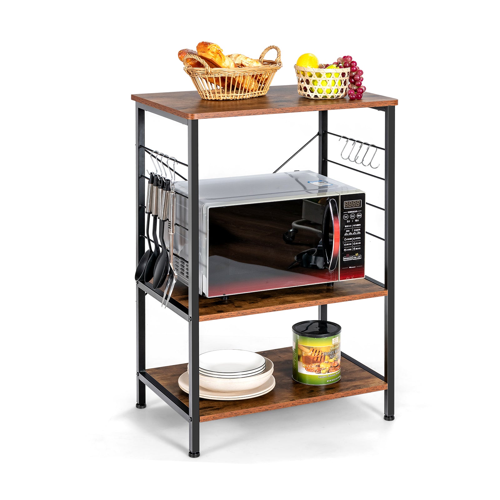 3-Tier Microwave Stand with 10 Hanging Hooks and Open Shelves-Brown ...