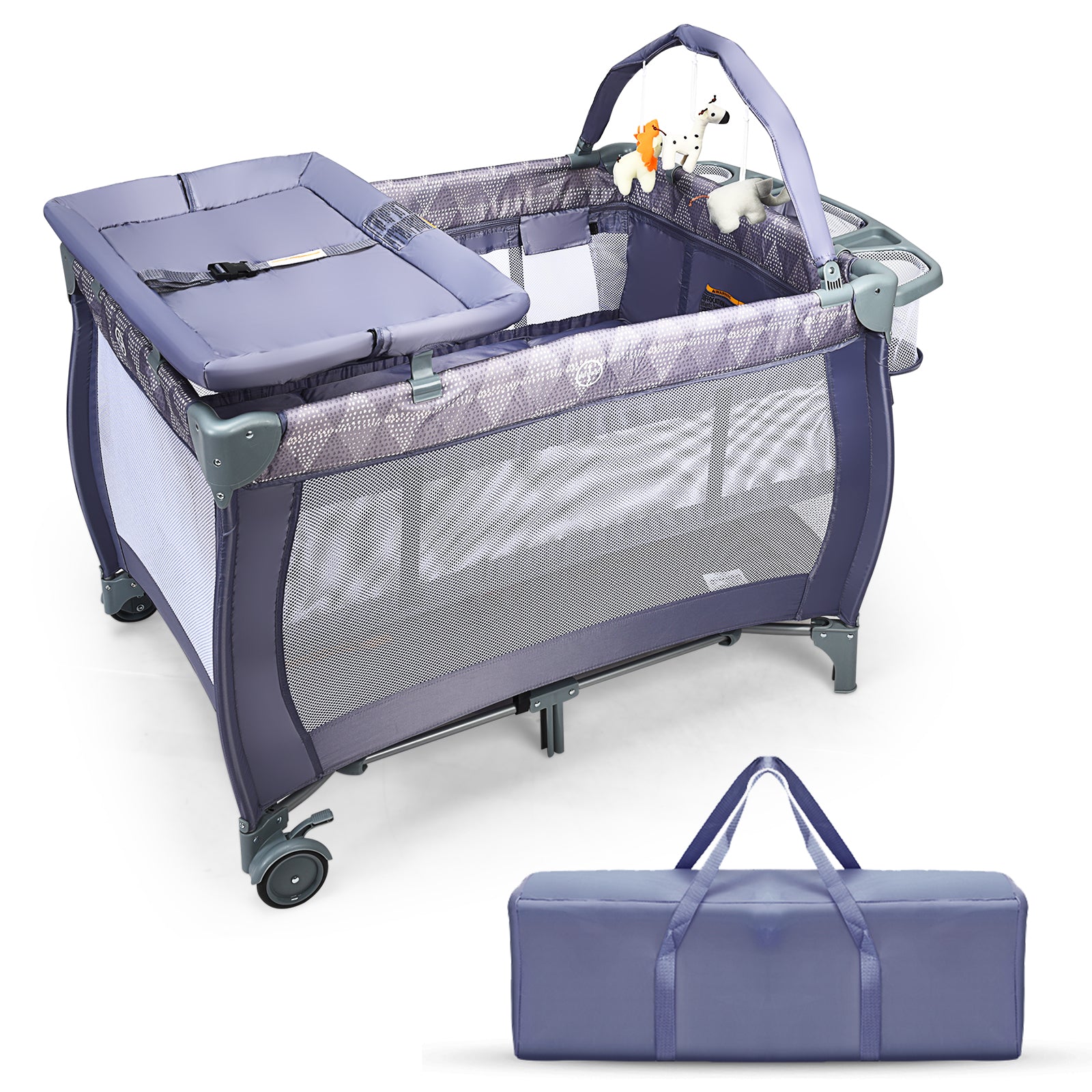3 in 1 Convertible Bassinet Cot with Changing Table and Toy Bar-Grey ...