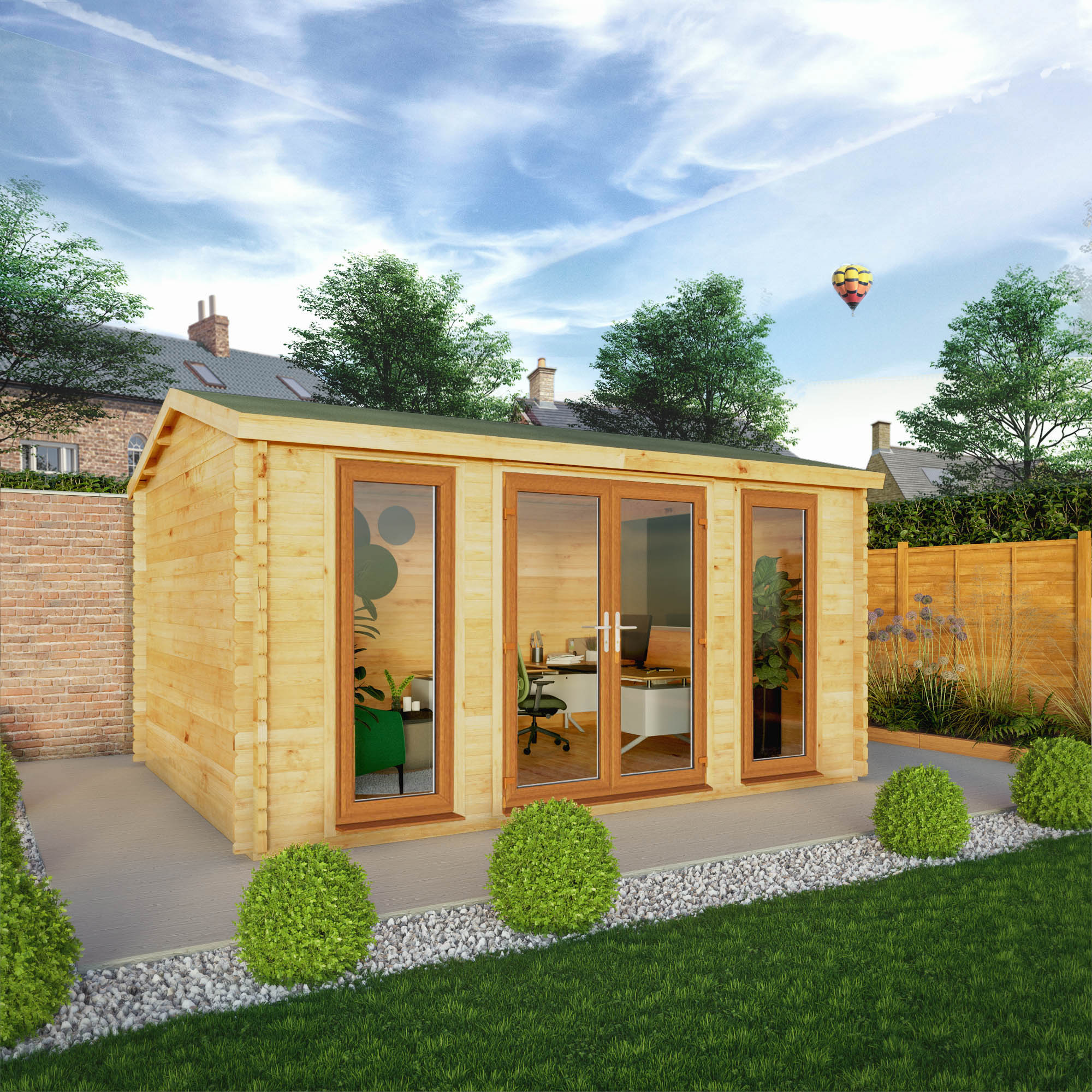 4.5M X 3.5M Log Cabin Office - Oak - UPVC Windows & Door – GardenArch