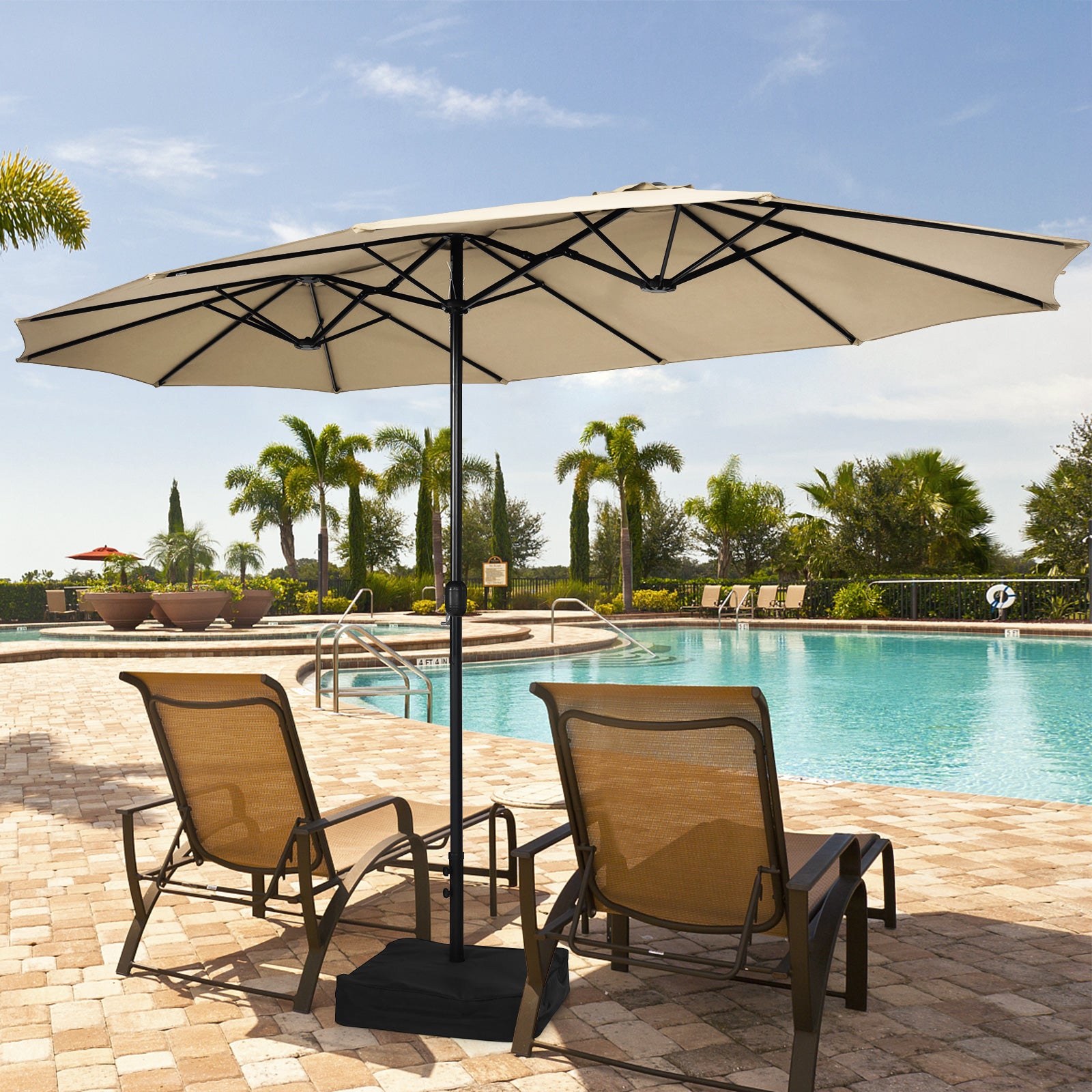 450cm Double-Sided Patio Umbrella with Base and Hand-Crank System-Beig ...
