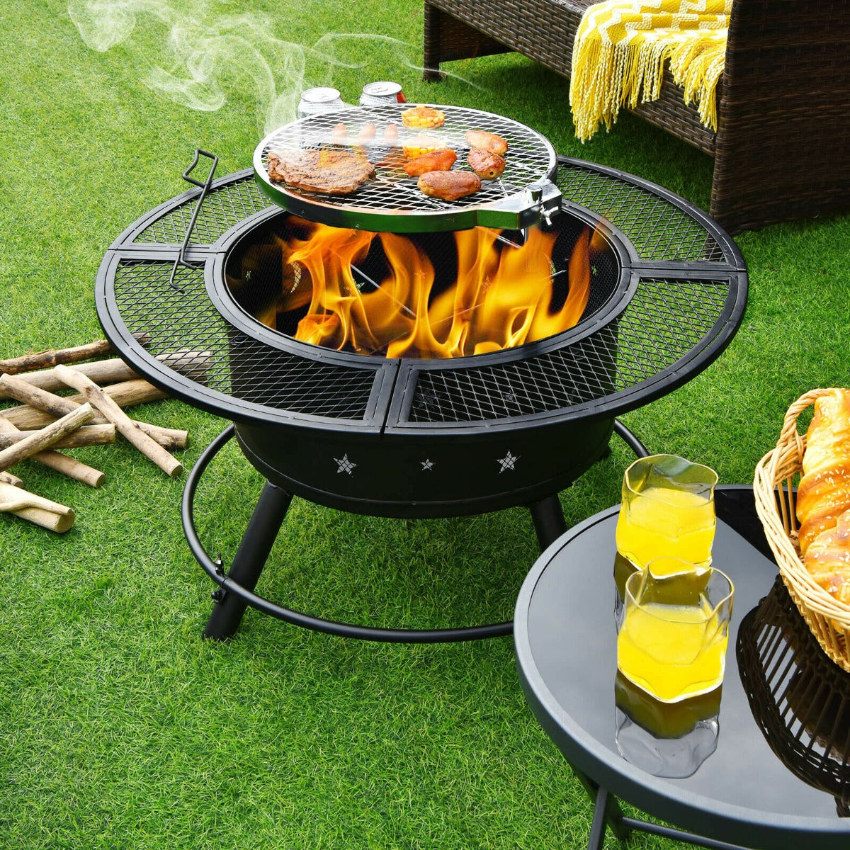 Outdoor Fire Pit with Removable BBQ Grill and Log Grate – GardenArch