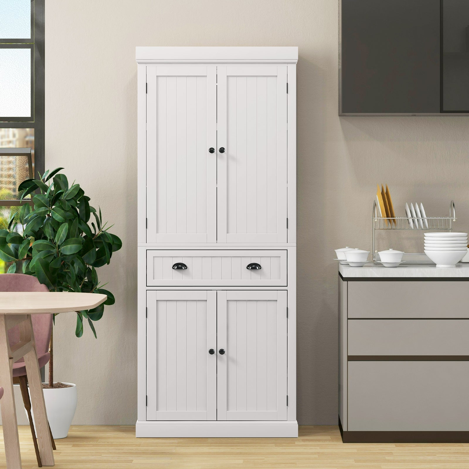 4-Door Tall Kitchen Cupboard Adjustable Shelves and Drawer-White ...