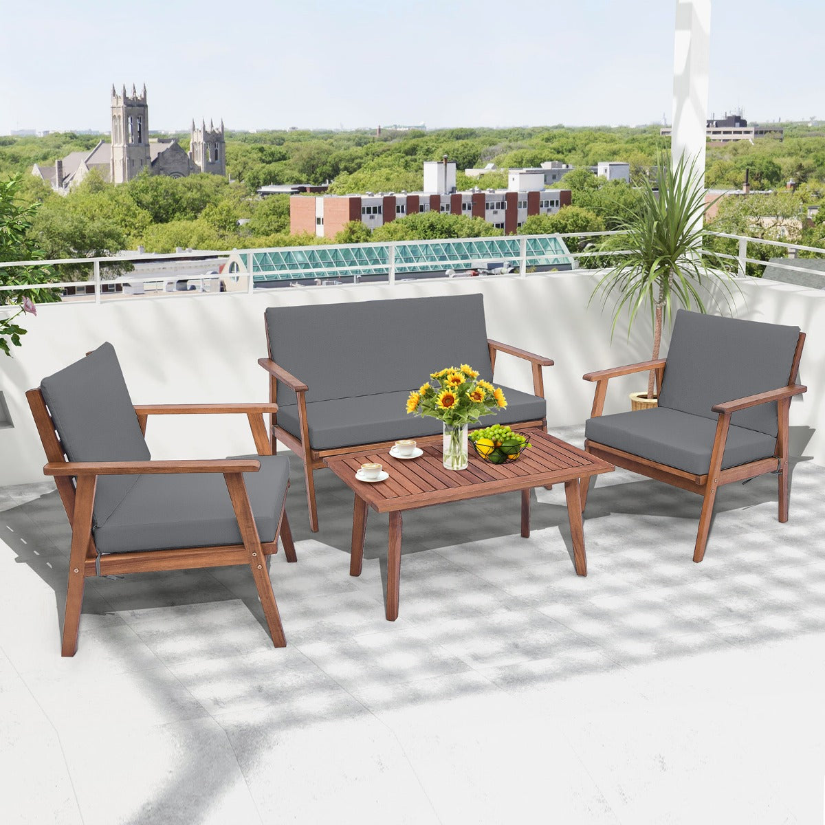 4 Piece Outdoor Conversation Set with Soft Seat and Back Cushions-Grey ...