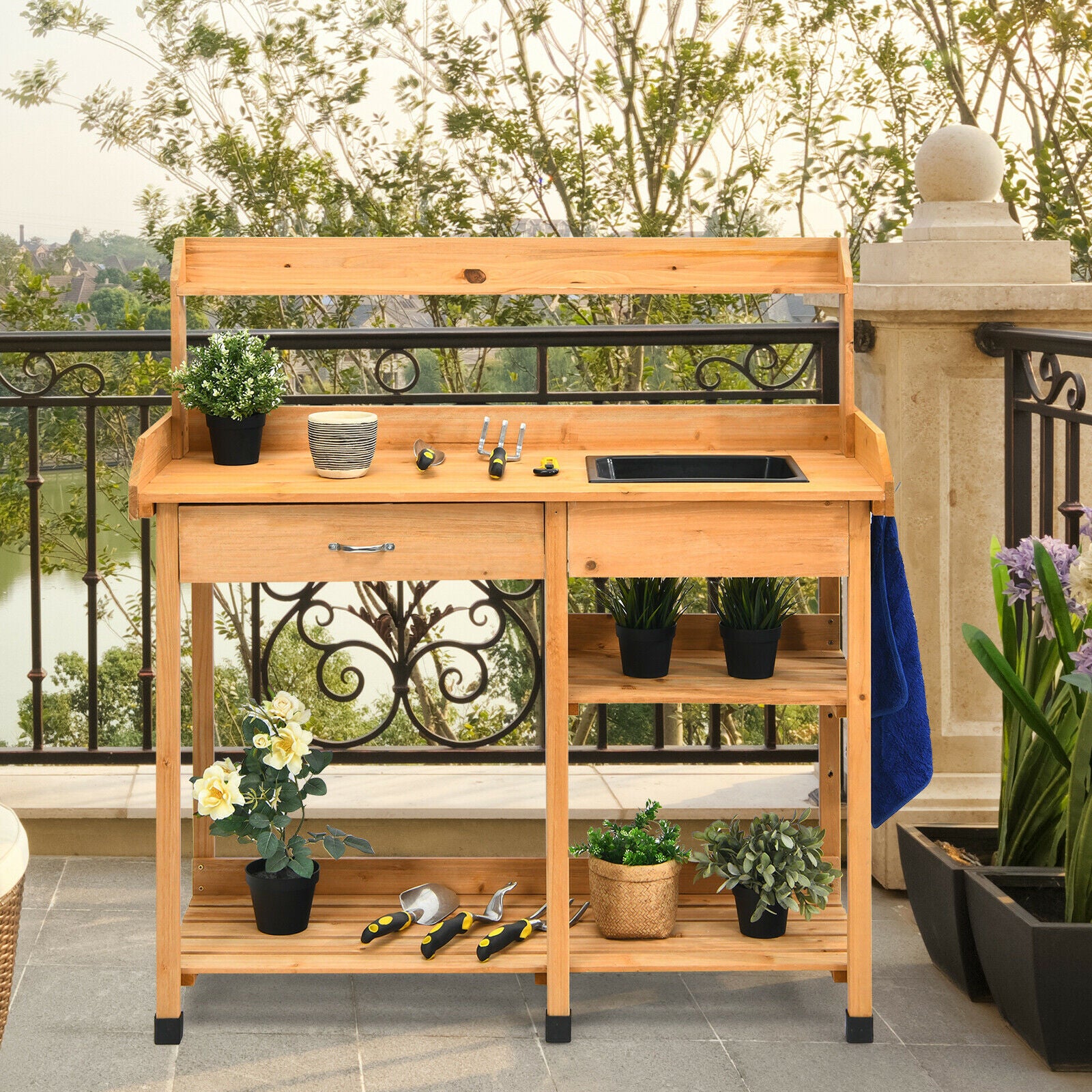 Wooden Garden Plant Workstation with Sink & Hook – GardenArch