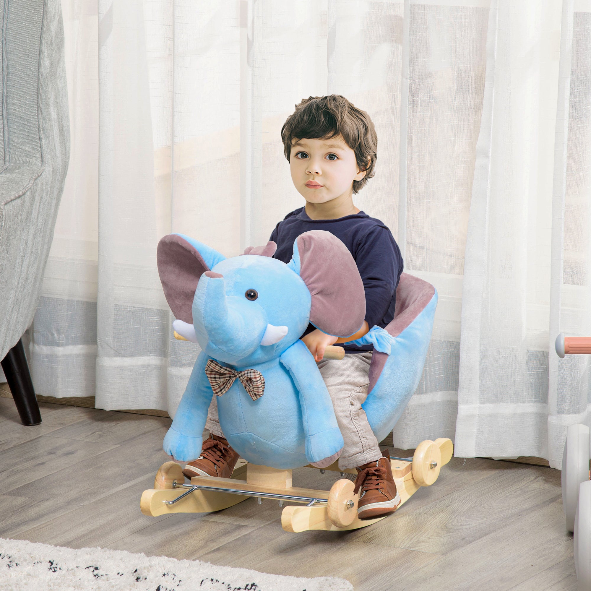 HOMCOM 2 In 1 Plush Baby Ride on Rocking Horse Elephant Rocker with Wh ...
