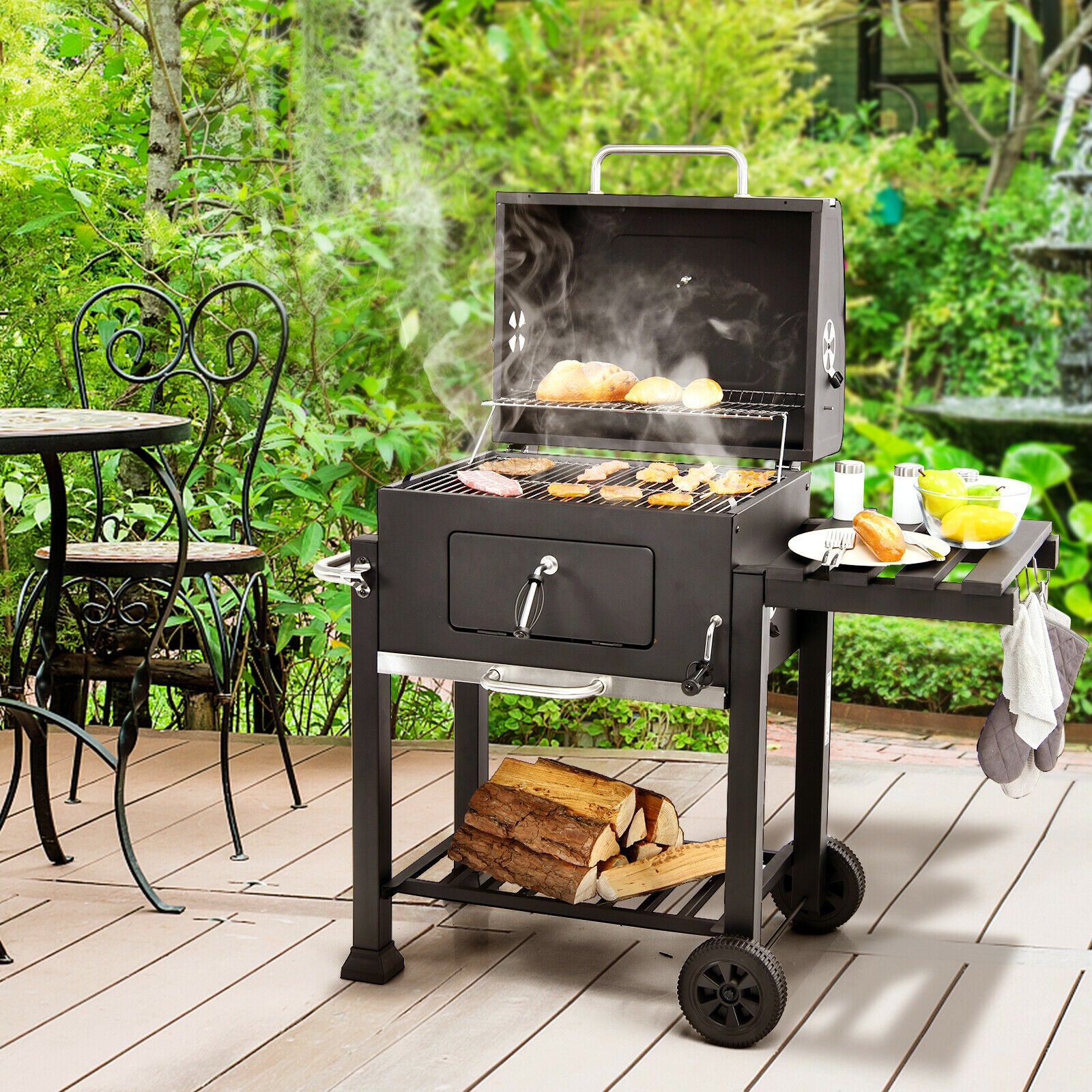 Portable Charcoal BBQ on Wheels with Side Table for Camping – GardenArch