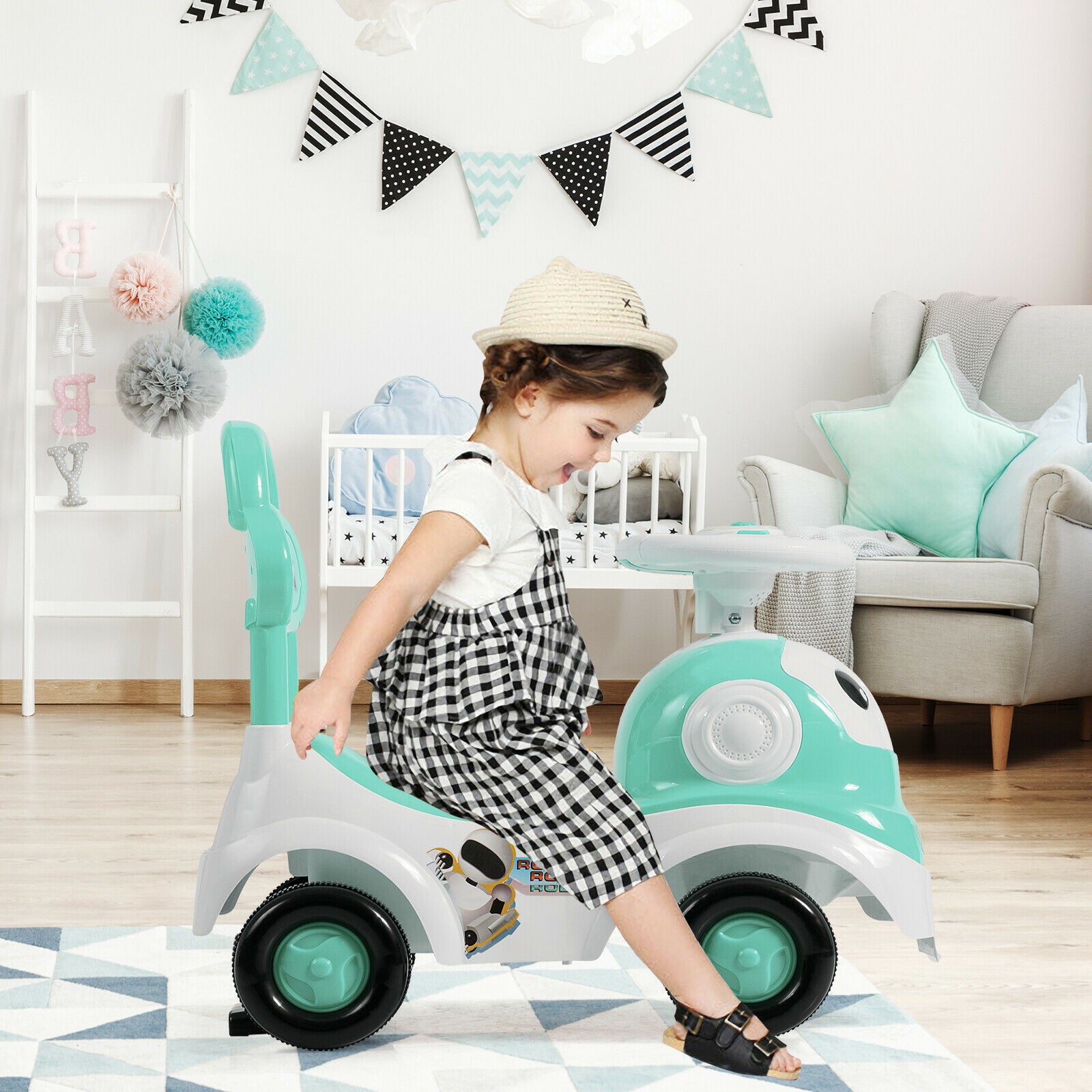 3 in 1 Children Ride-on Push Along Car-Green – GardenArch