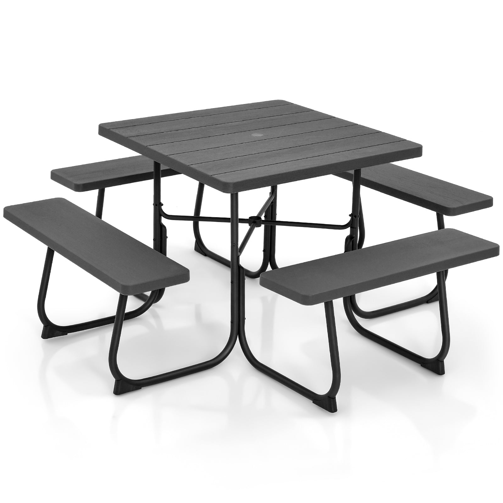 8-person Square Picnic Table Bench Set with 4 Benches and Umbrella Hol ...