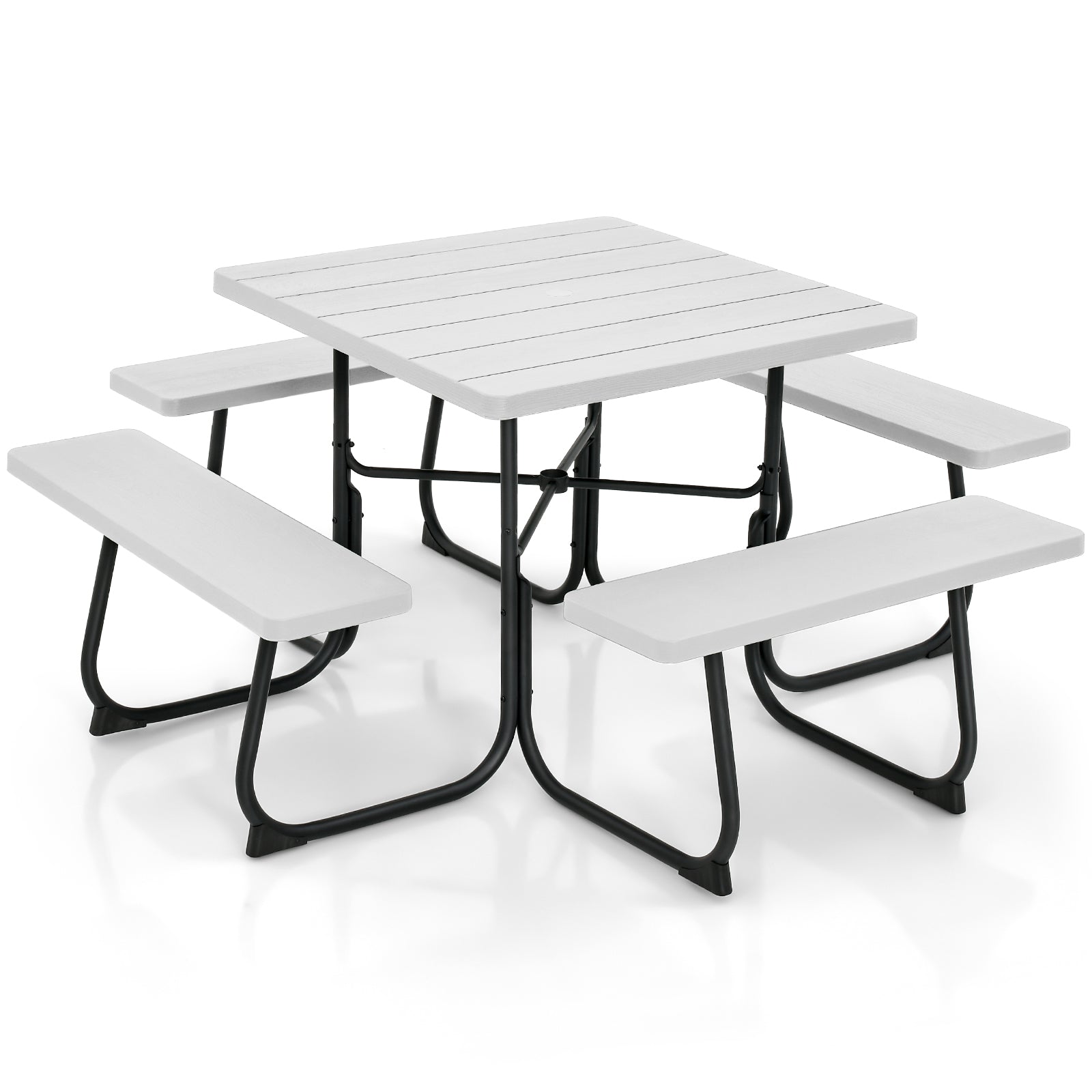 8-person Square Picnic Table Bench Set with 4 Benches and Umbrella Hol ...