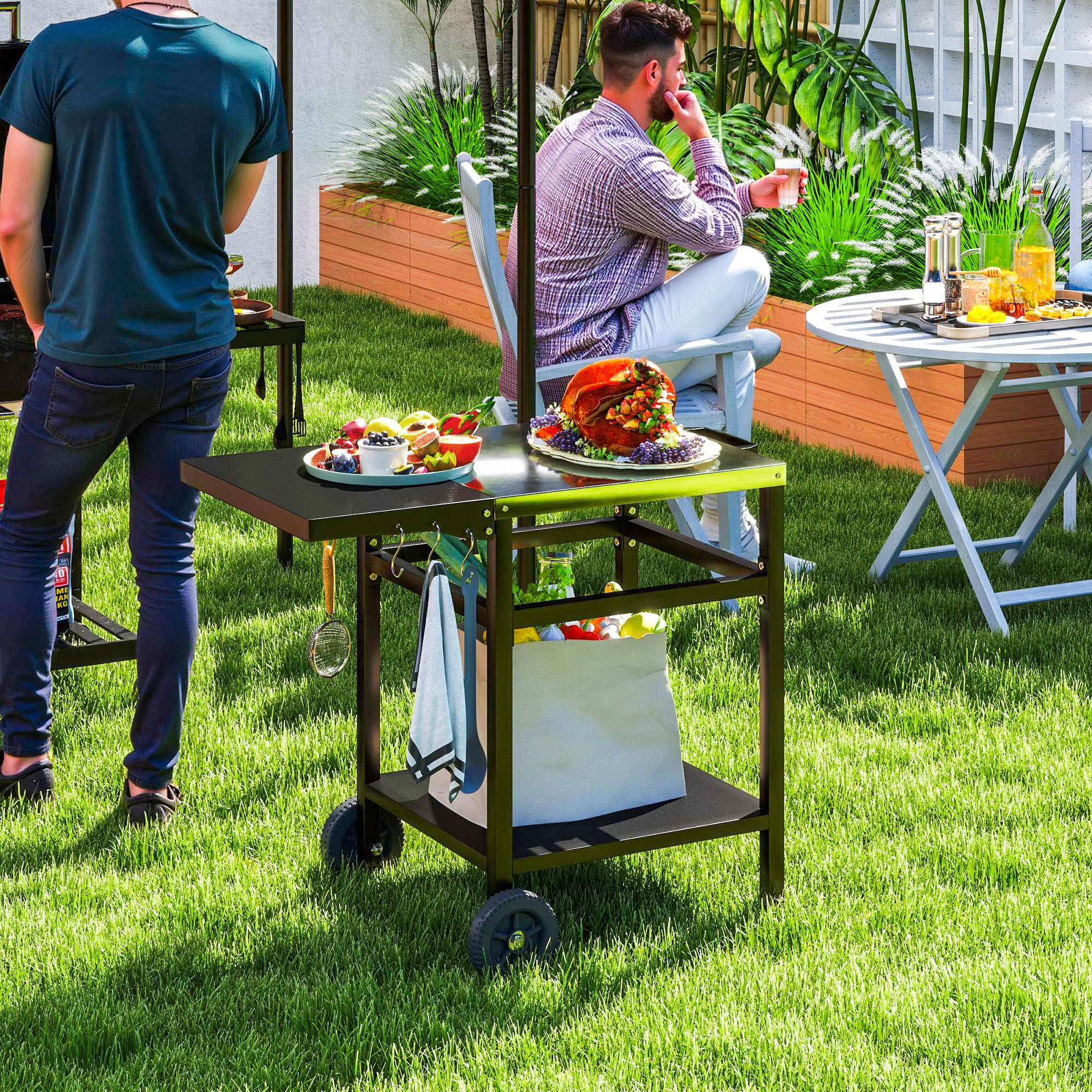 Outsunny BBQ Trolley with Stainless Steel Top and Foldable Side Table ...