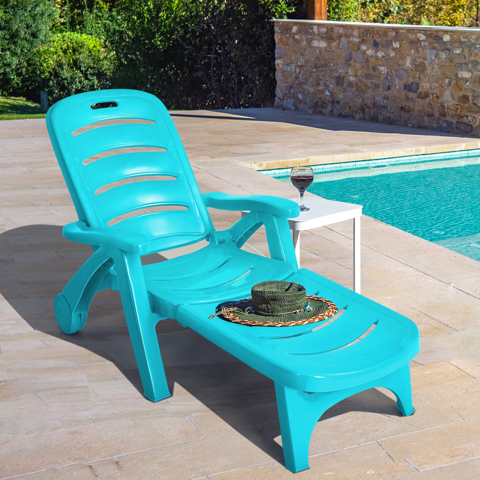 Adjustable Chaise Lounge Chair with Built-In Wheels-Turquoise – GardenArch