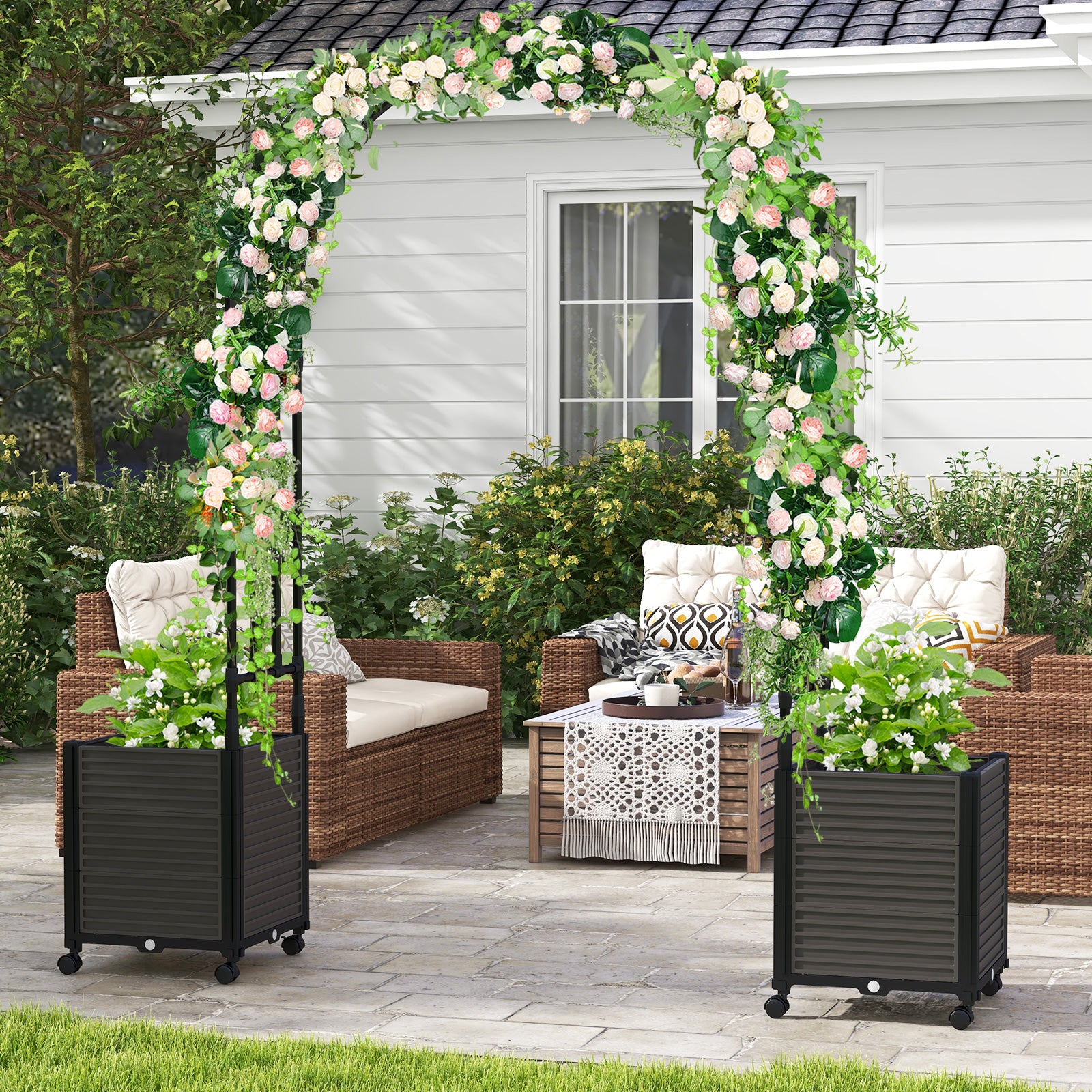 Black Arch Arbor with Planter Boxes and Self-Watering System – GardenArch