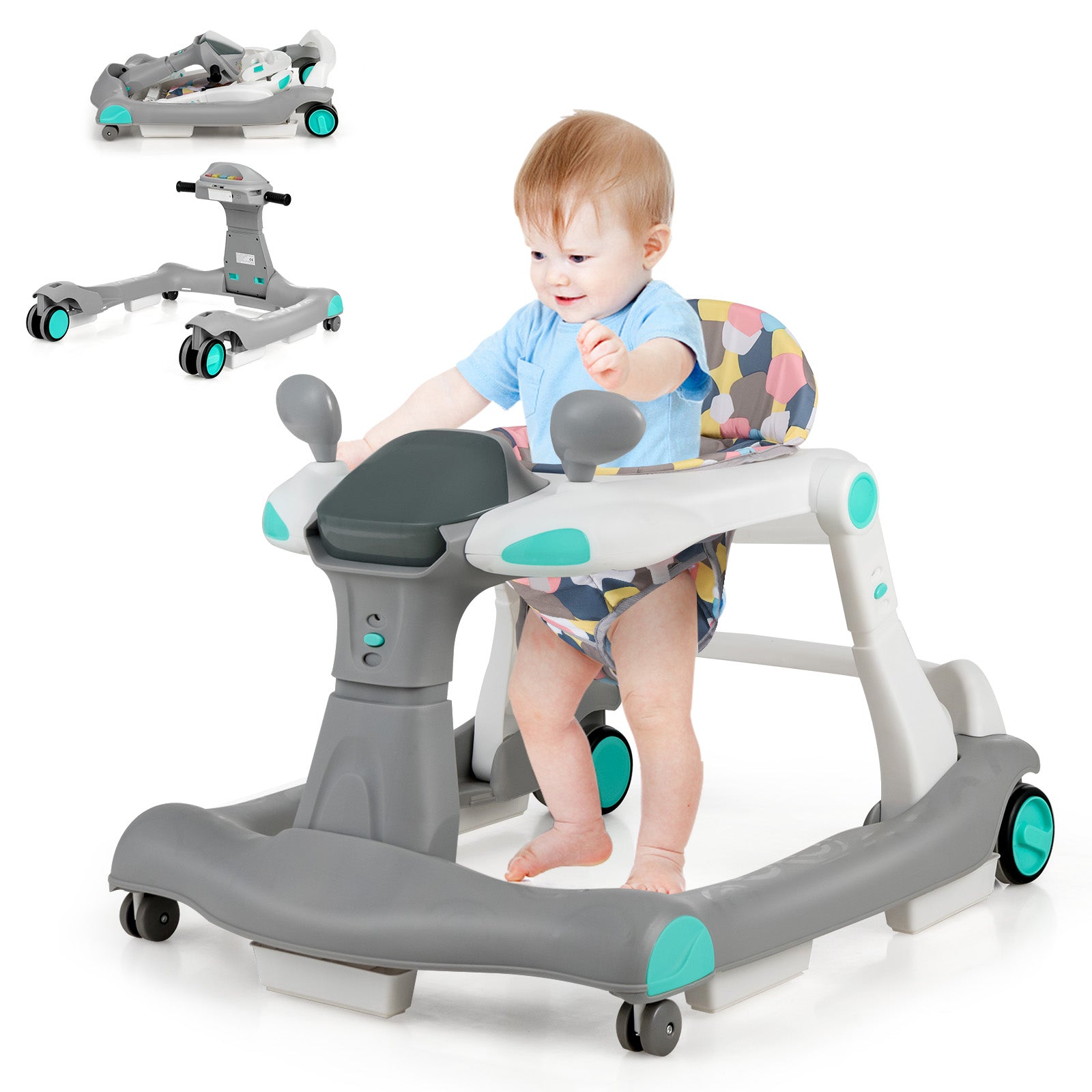 2-in-1 Foldable Baby Walker with Adjustable Height and Speed-Light Gre ...