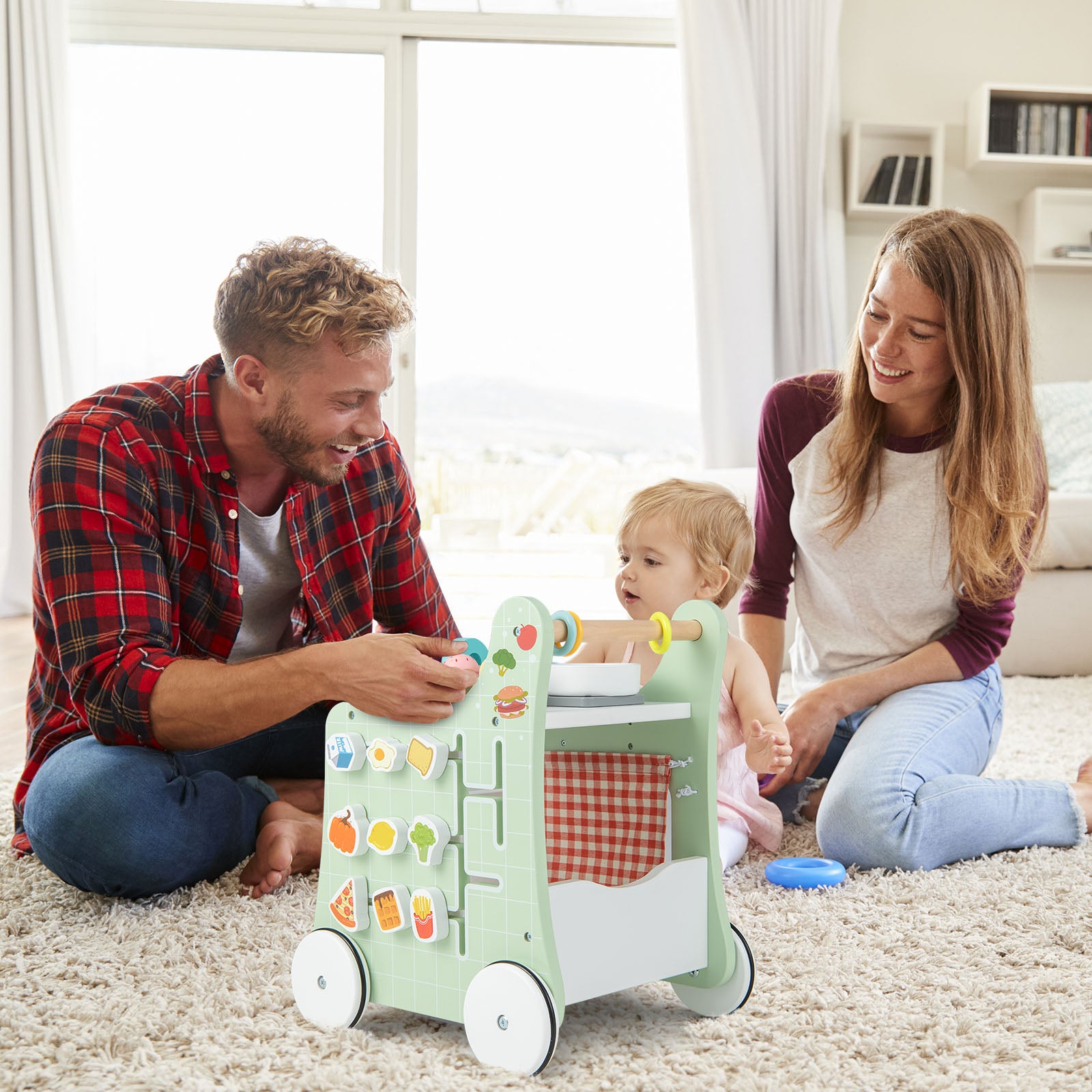 6-in-1 Wooden Baby Stroller Push and Pull Learning Activity Center-Gre ...