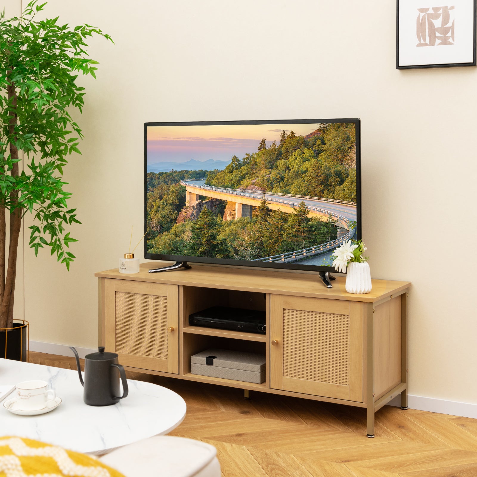 Boho TV Stand Media Console Table with 2 Cabinets and Open Shelf-Natur ...