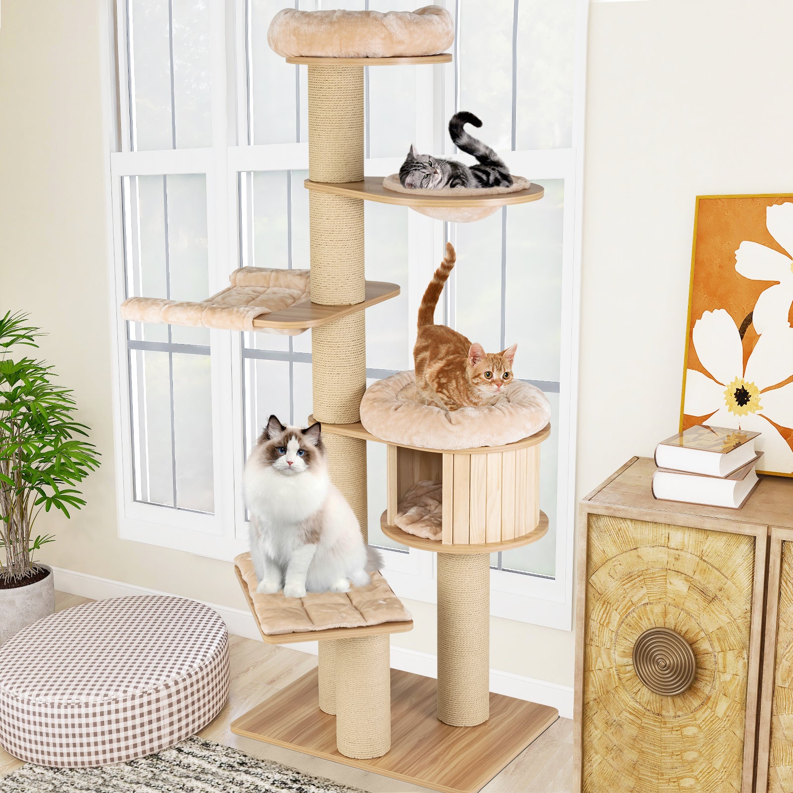 Modern Tall Cat Tree Tower with Wooden Cat Condo-Beige – GardenArch