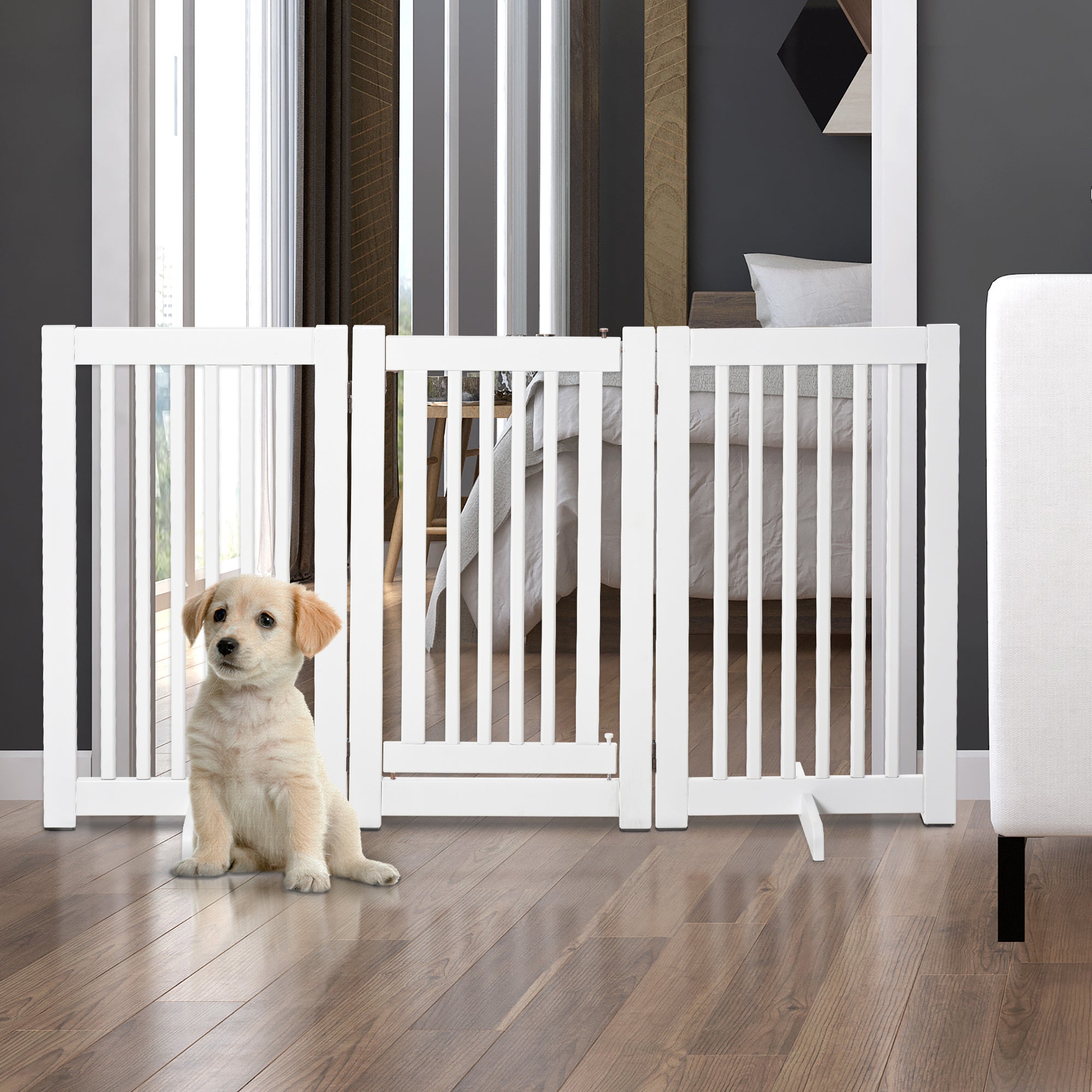 PawHutPet Gates MDF Freestanding Expandable Dog Gate Wood Doorway Pet ...