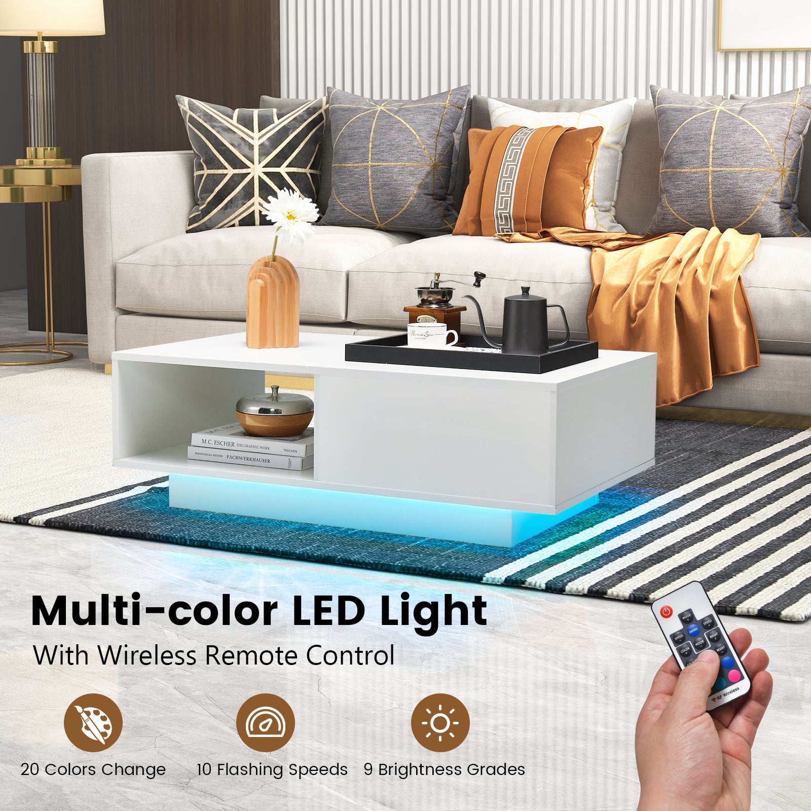 LED Coffee Table with 20 RGB Light Colors and Storage Shelf-White ...