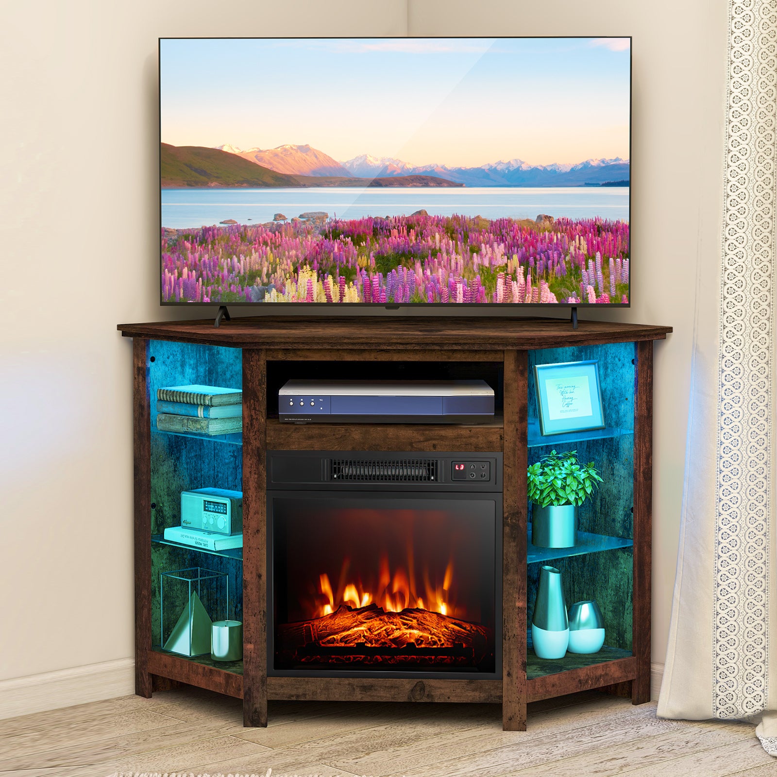 Corner TV Stand with Fireplace Insert and LED Lights-Rustic Brown ...