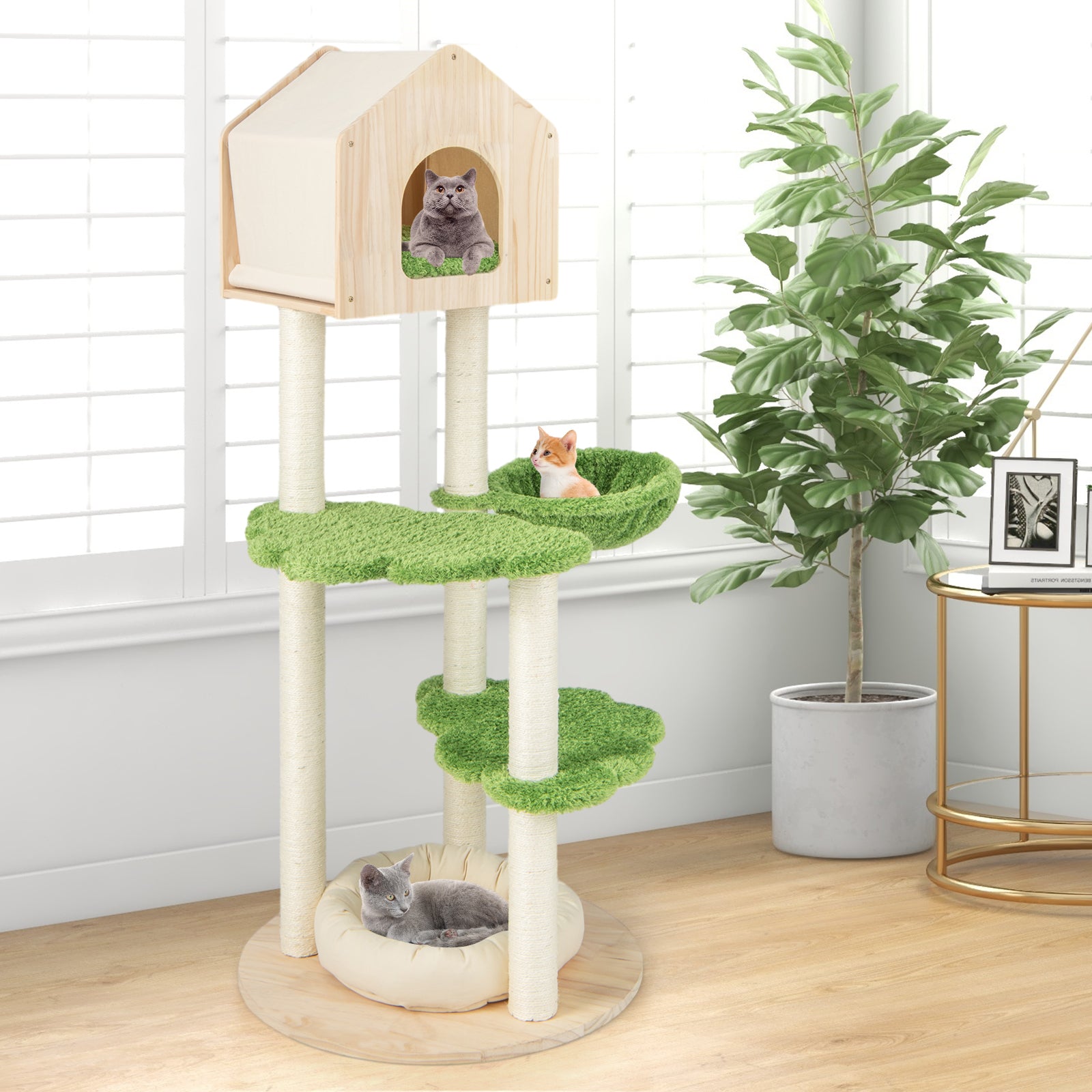 Wooden Cat Tree with Sisal Scratching Posts-Green – GardenArch