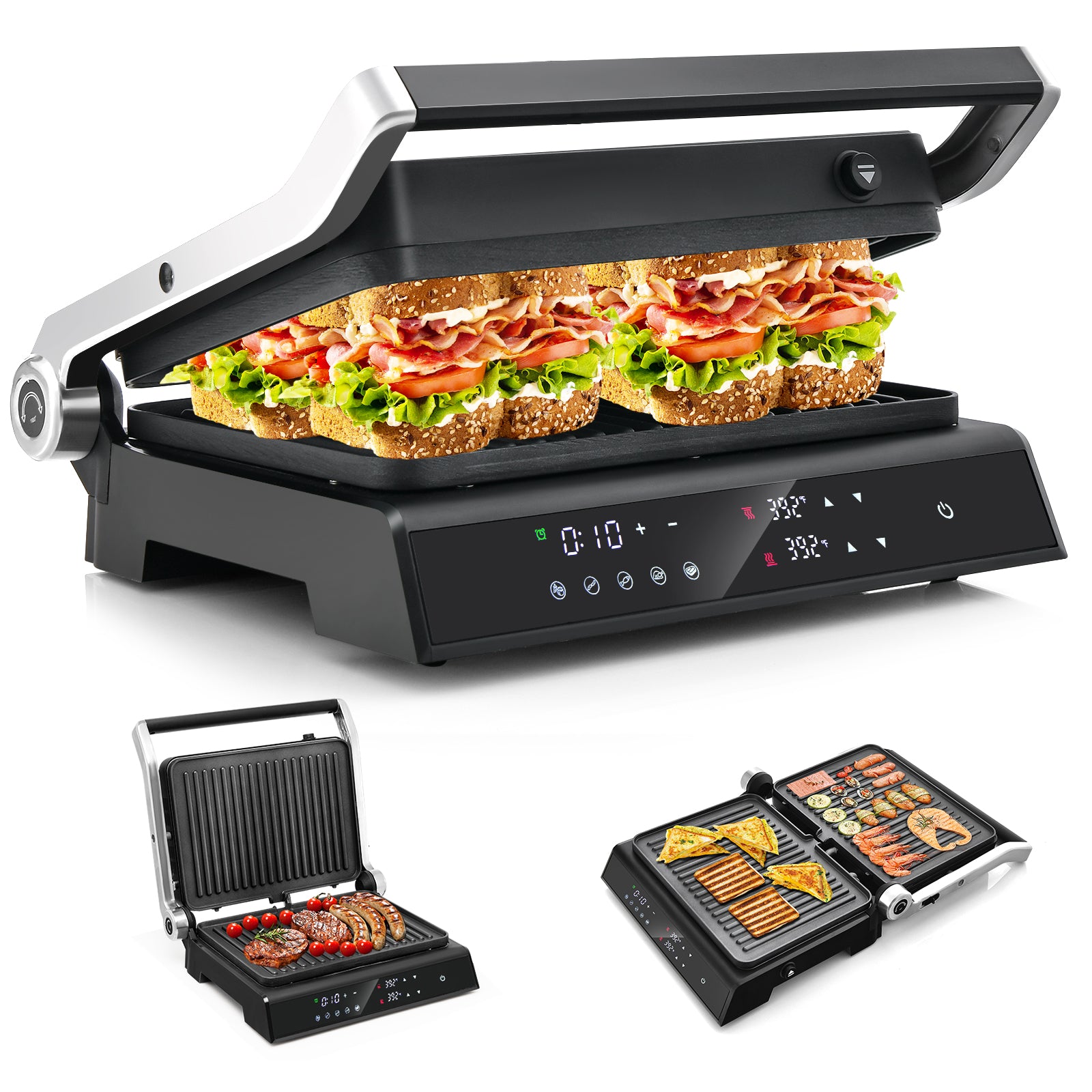3 in 1 Indoor Grill with 180-degree Opening Design and 5 Auto Cooking ...