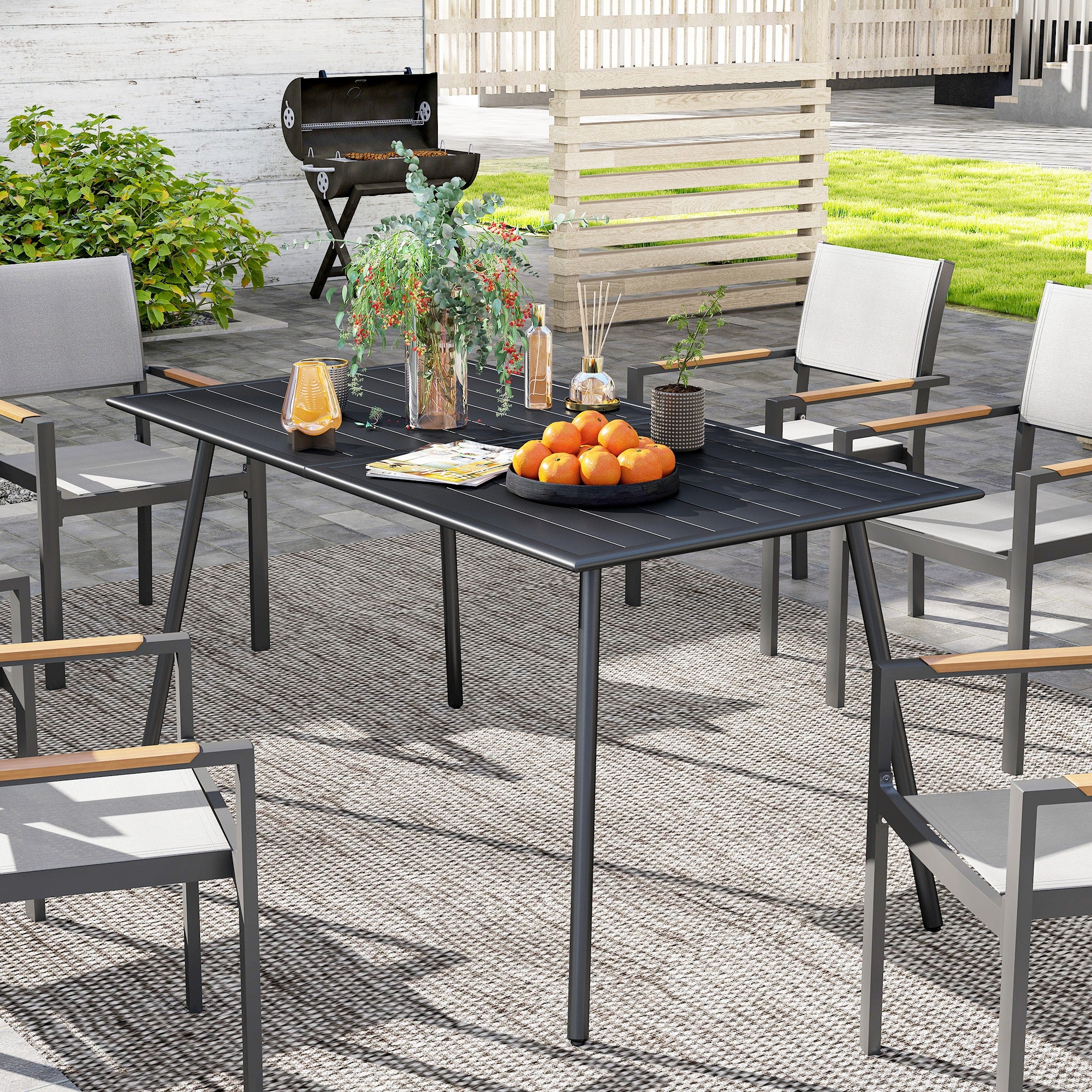 Outsunny Rectangle Garden Table with Slat Top, Steel Frame, Outdoor Ta ...