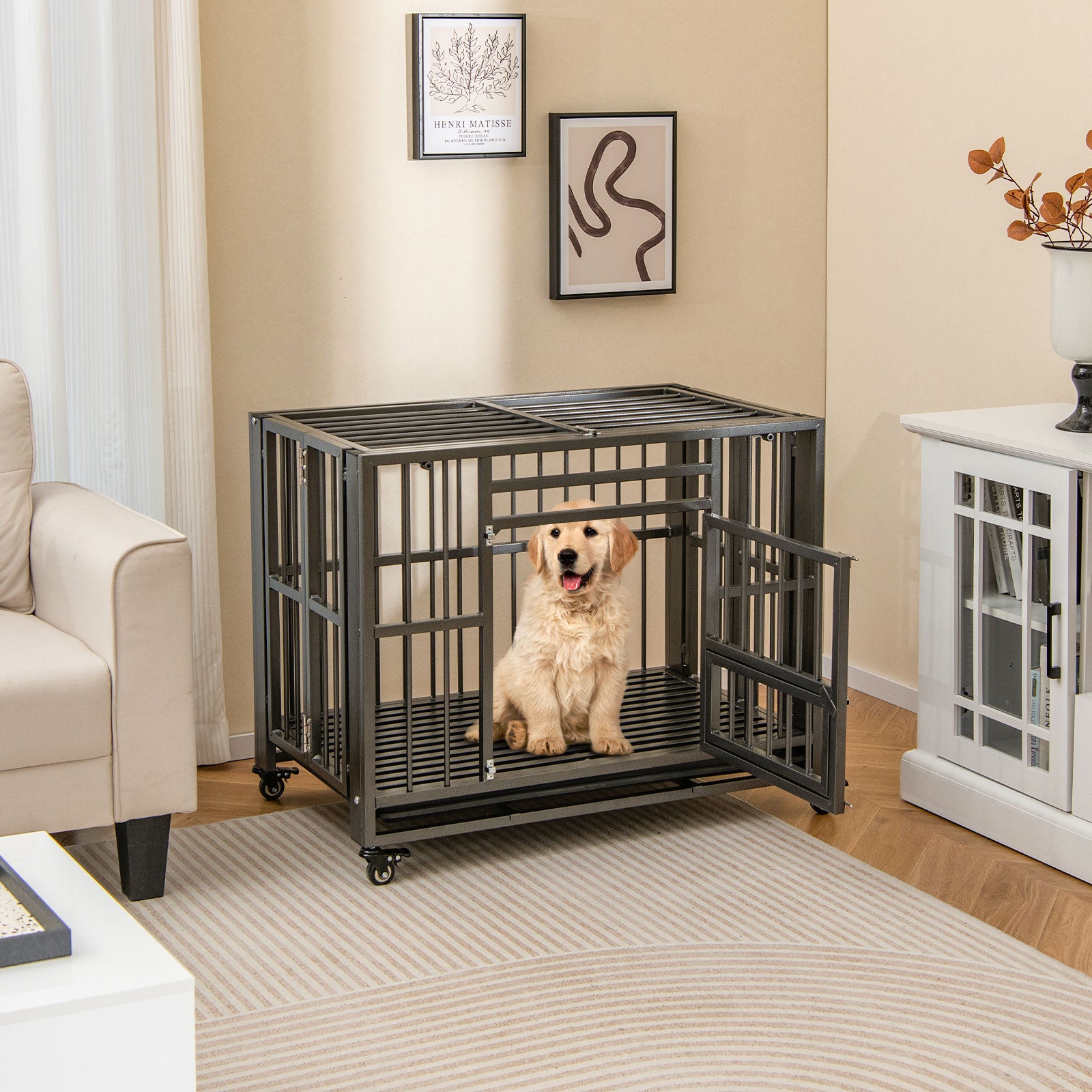 Foldable Metal Dog Cage Chew-proof Dog Crate with Lockable Universal W ...
