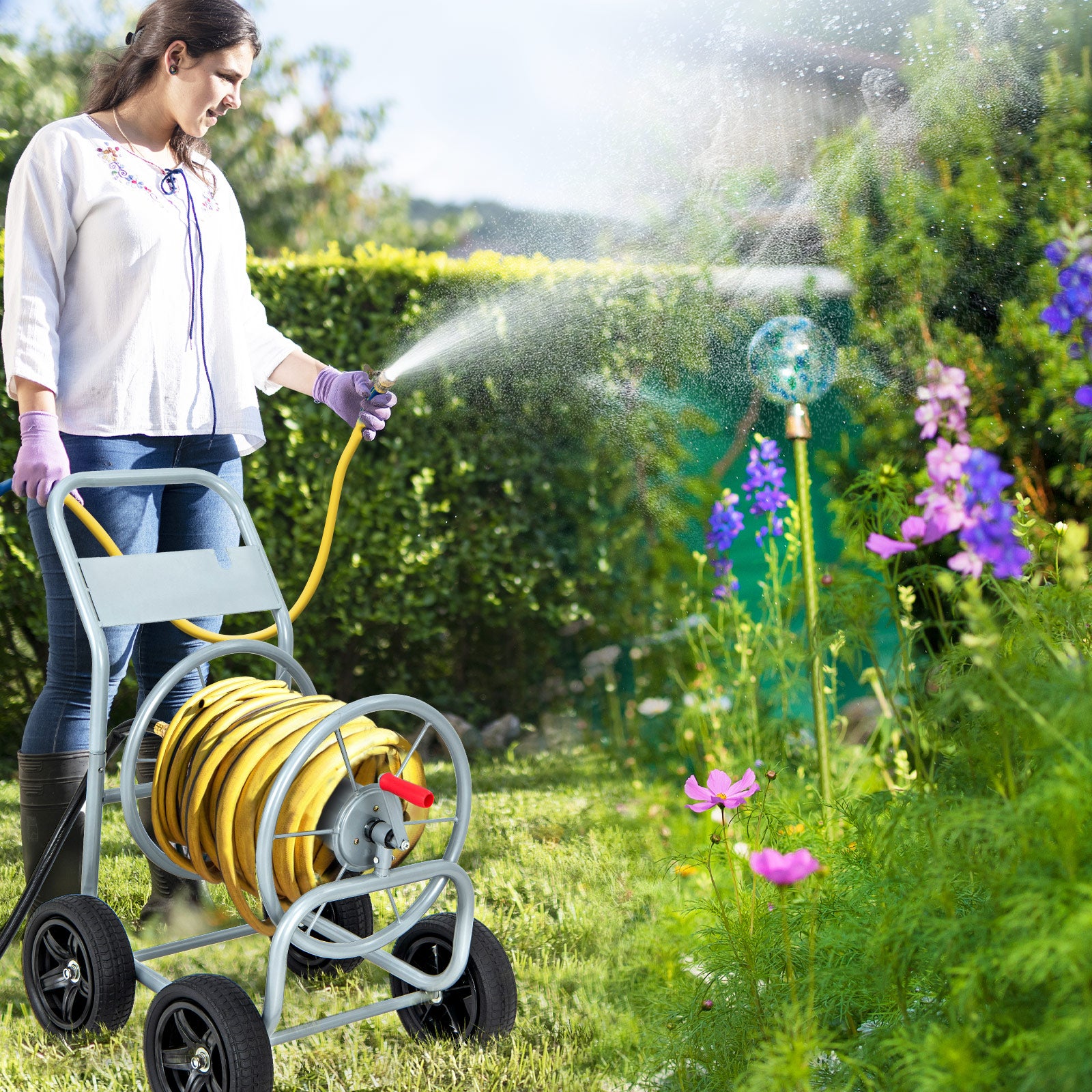 Garden Hose Reel Cart with Wheels and Non-slip Grip-Silver – GardenArch