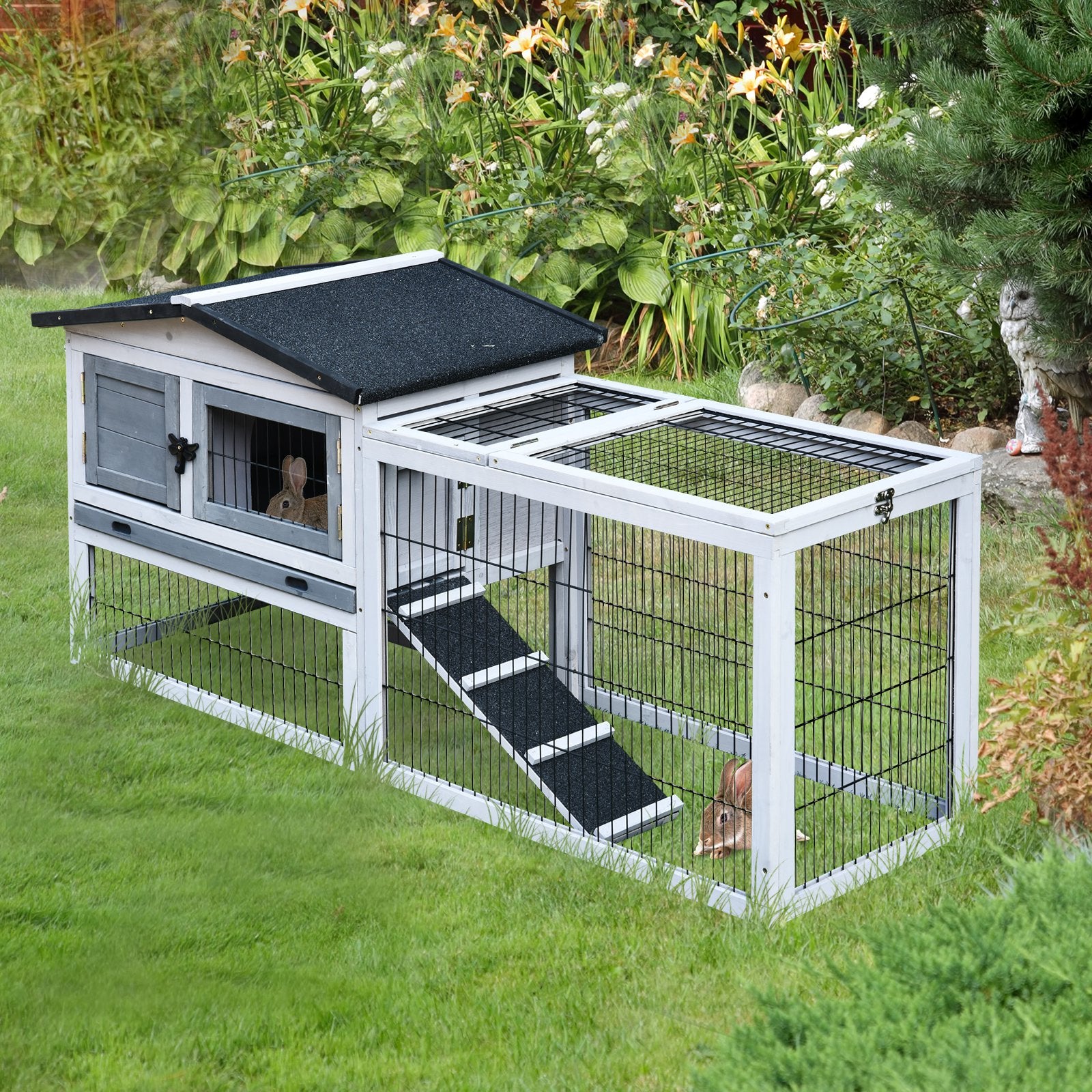 PawHut Small Animal Two-Level Fir Wood Guinea Pigs Hutches w/ Ramp Bur ...
