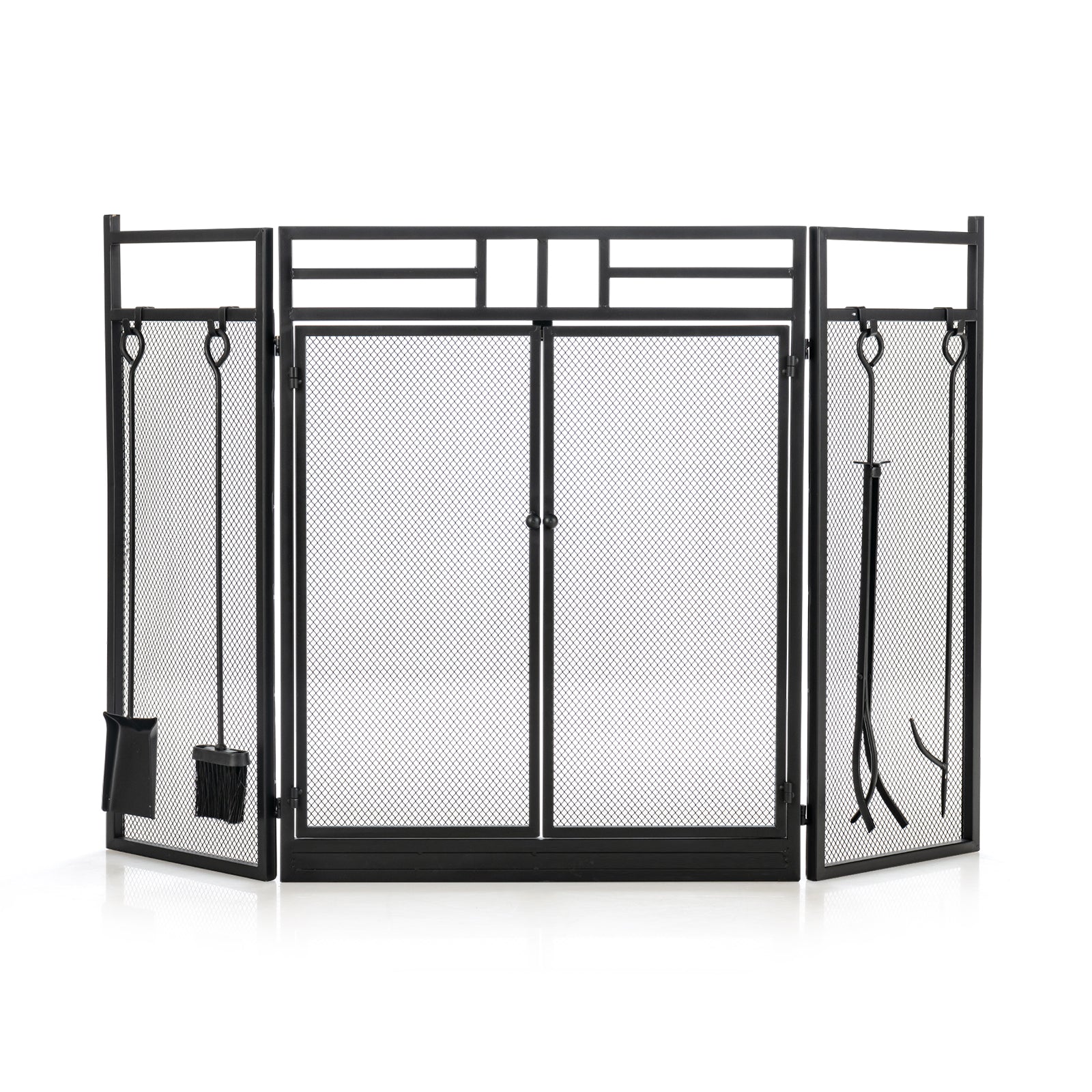 3-Panel Folding Fireplace Screen with Fireplace Tools Set-Black ...