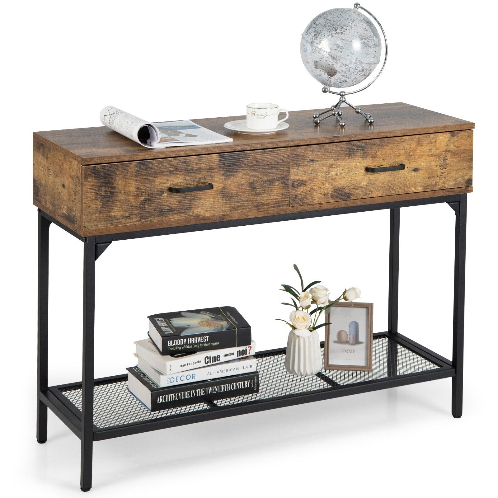 Industrial Console Table with 2 Drawers and Open Storage Shelf-Rustic ...