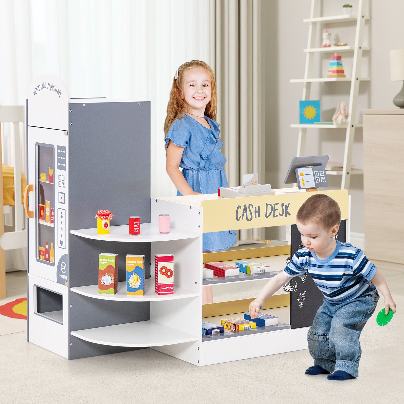 Kids Grocery Store Playset with Cash Register and Writable Chalkboard ...