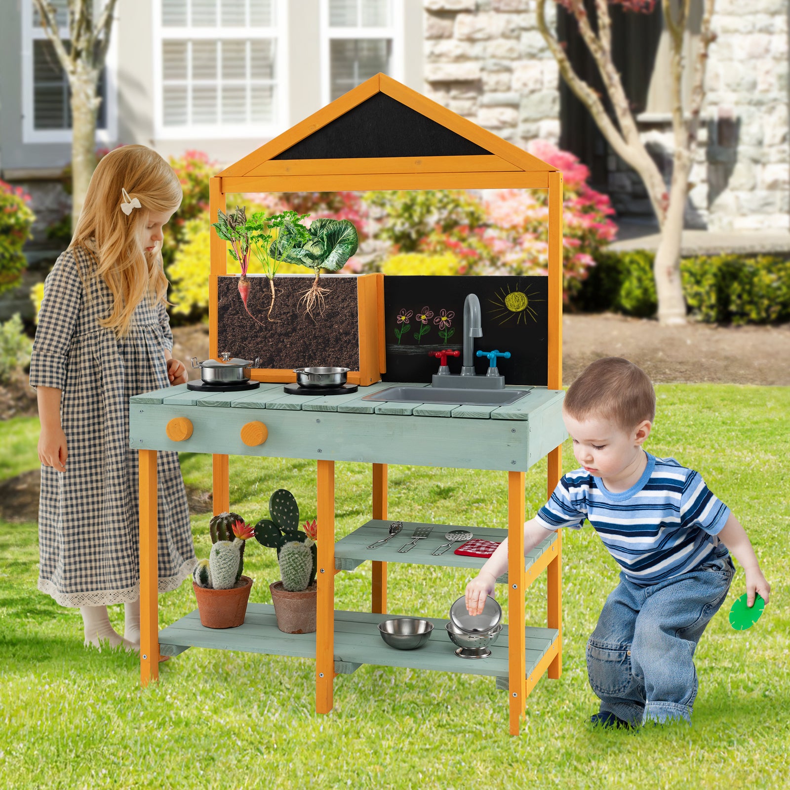 Kids Kitchen Playset with Root Viewer Planter Rotatable Faucet – GardenArch