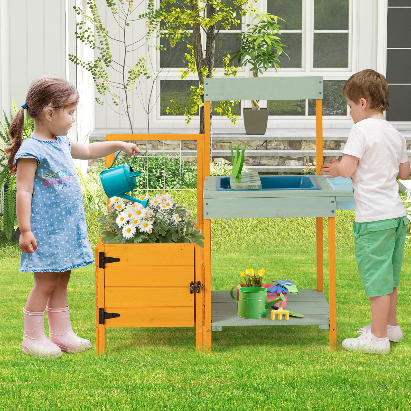 Kids Outdoor Potting Bench with Planter Box Wooden Toy Gardening Cente ...