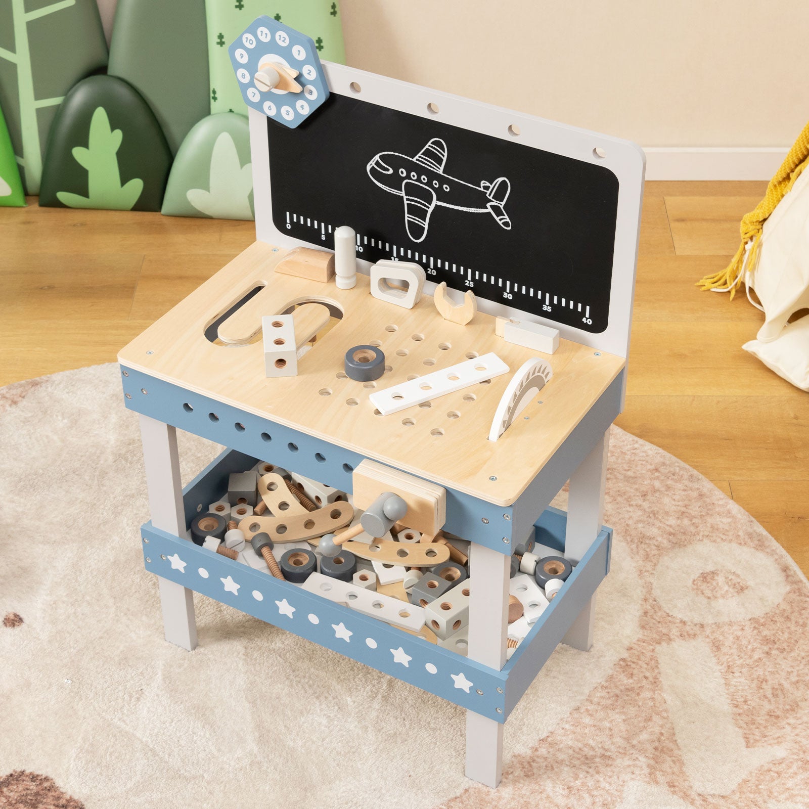 Kids Wooden Play Workbench with Blackboard and Tool Parts Set-Blue ...