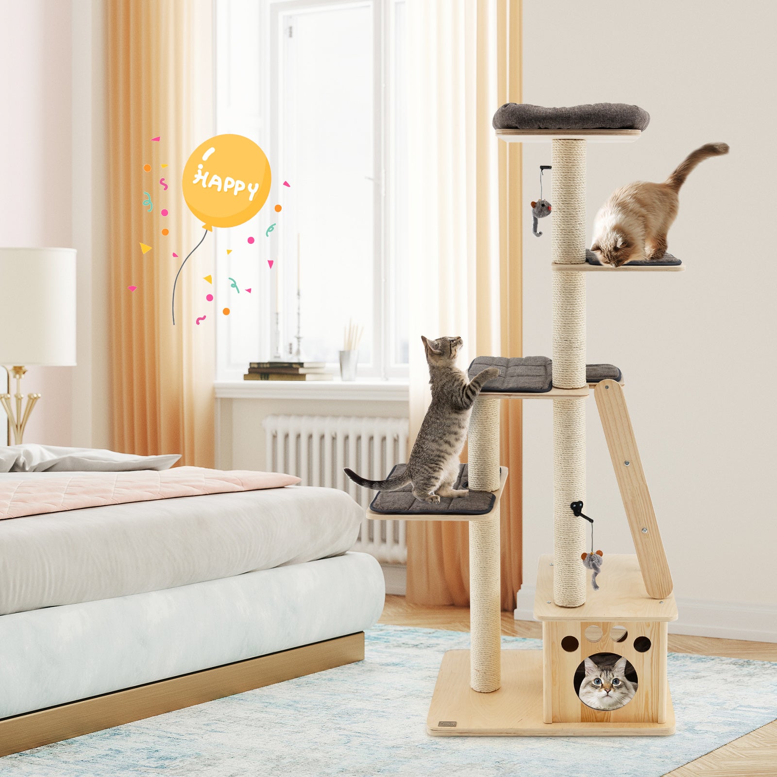 Modern Wooden Cat Tree Tower with Cat House – Gardenarch