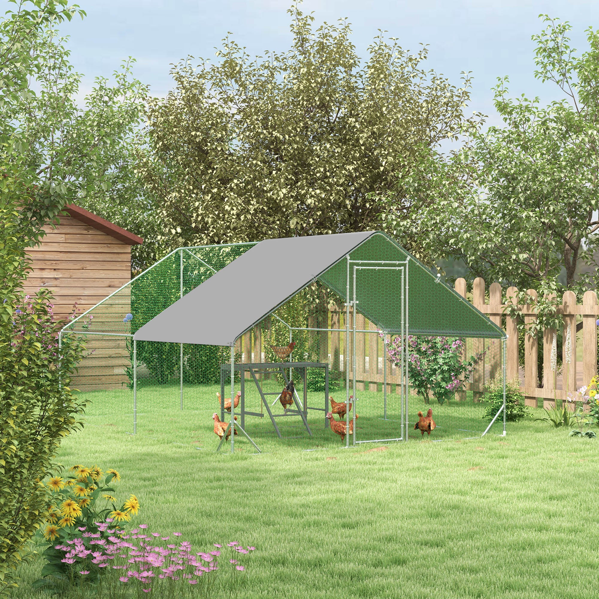 PawHut Grey Chicken Run with 11 Perches & Play Area – GardenArch