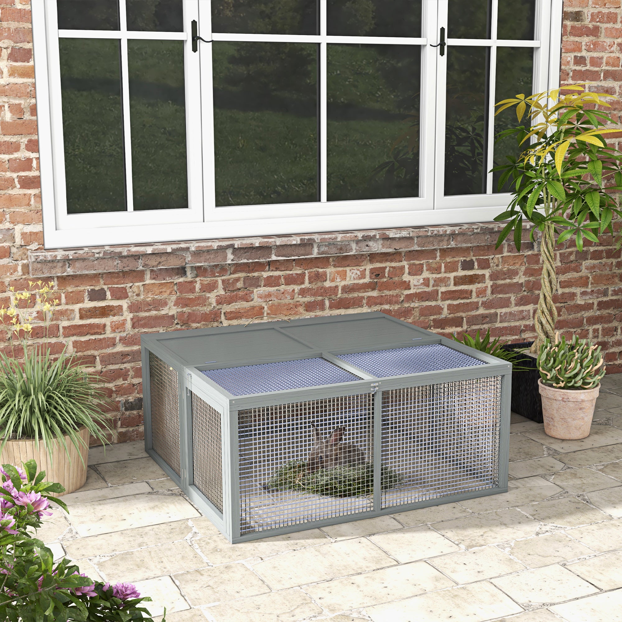PawHut Wooden Folding Rabbit Hutch, for 2-3 Rabbits - Grey – GardenArch