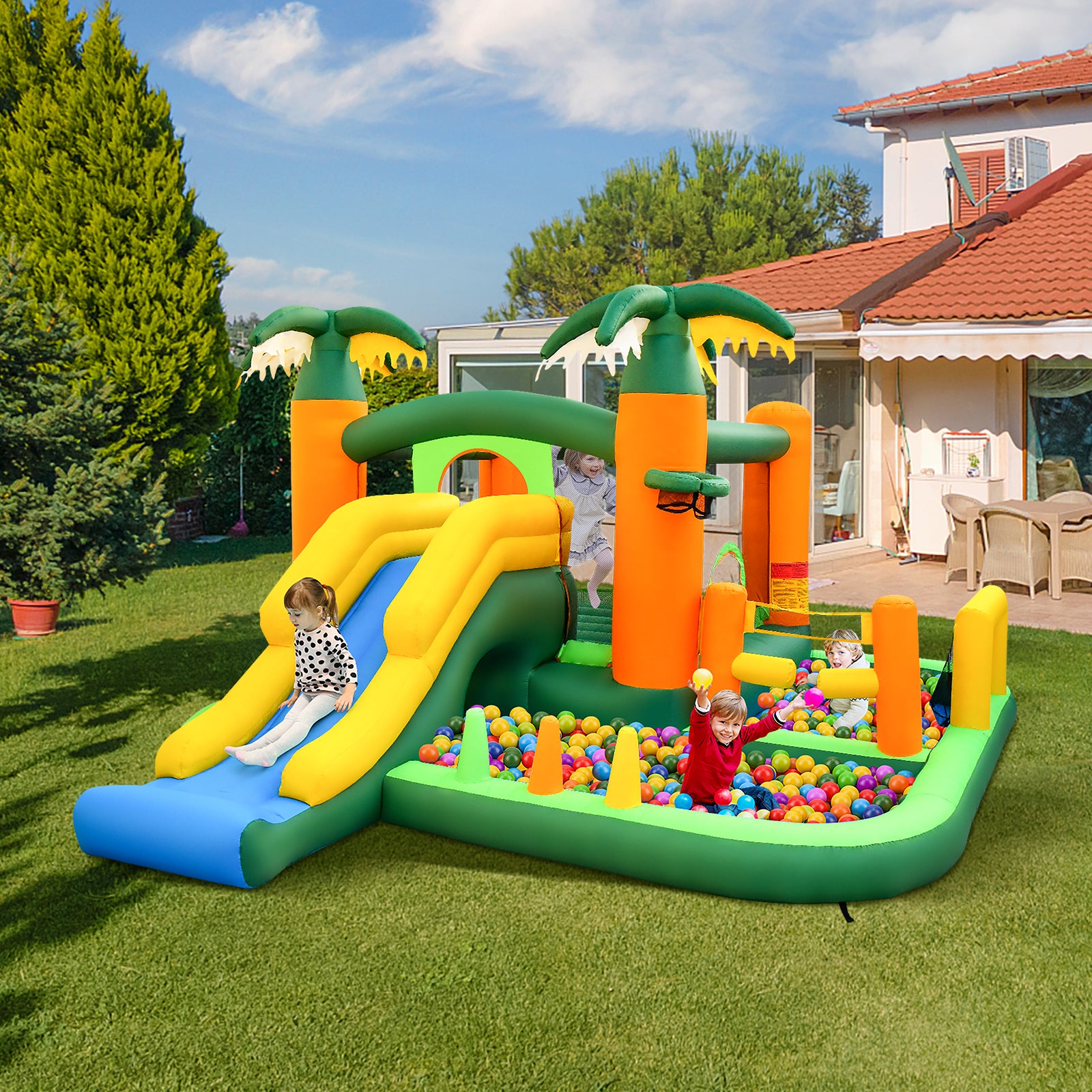 8-in-1 Tropical Inflatable Bounce House with 2 Ball Pit Pools – GardenArch