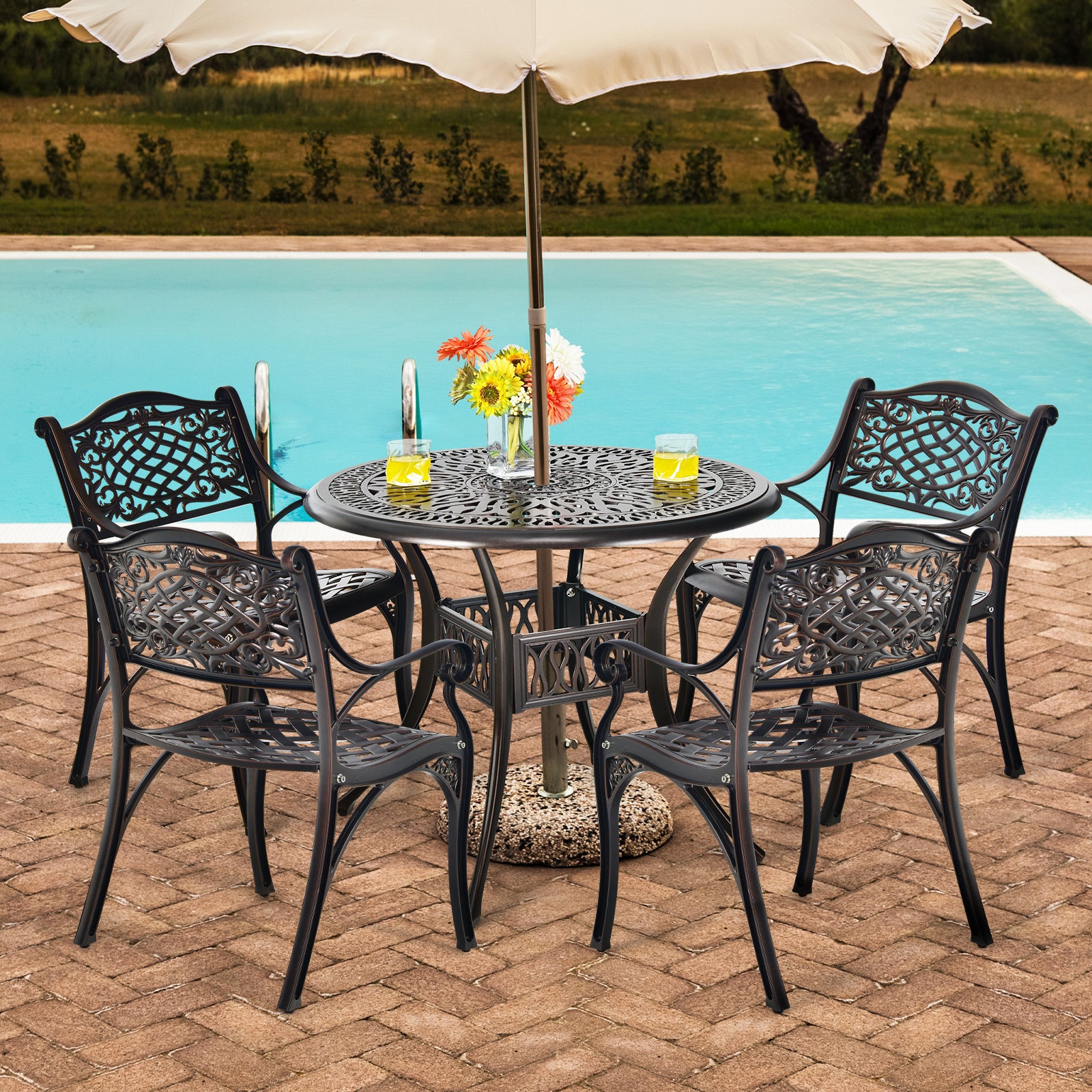 91cm Outdoor Round Dining Table with 5cm Umbrella Pole Hole-Copper ...
